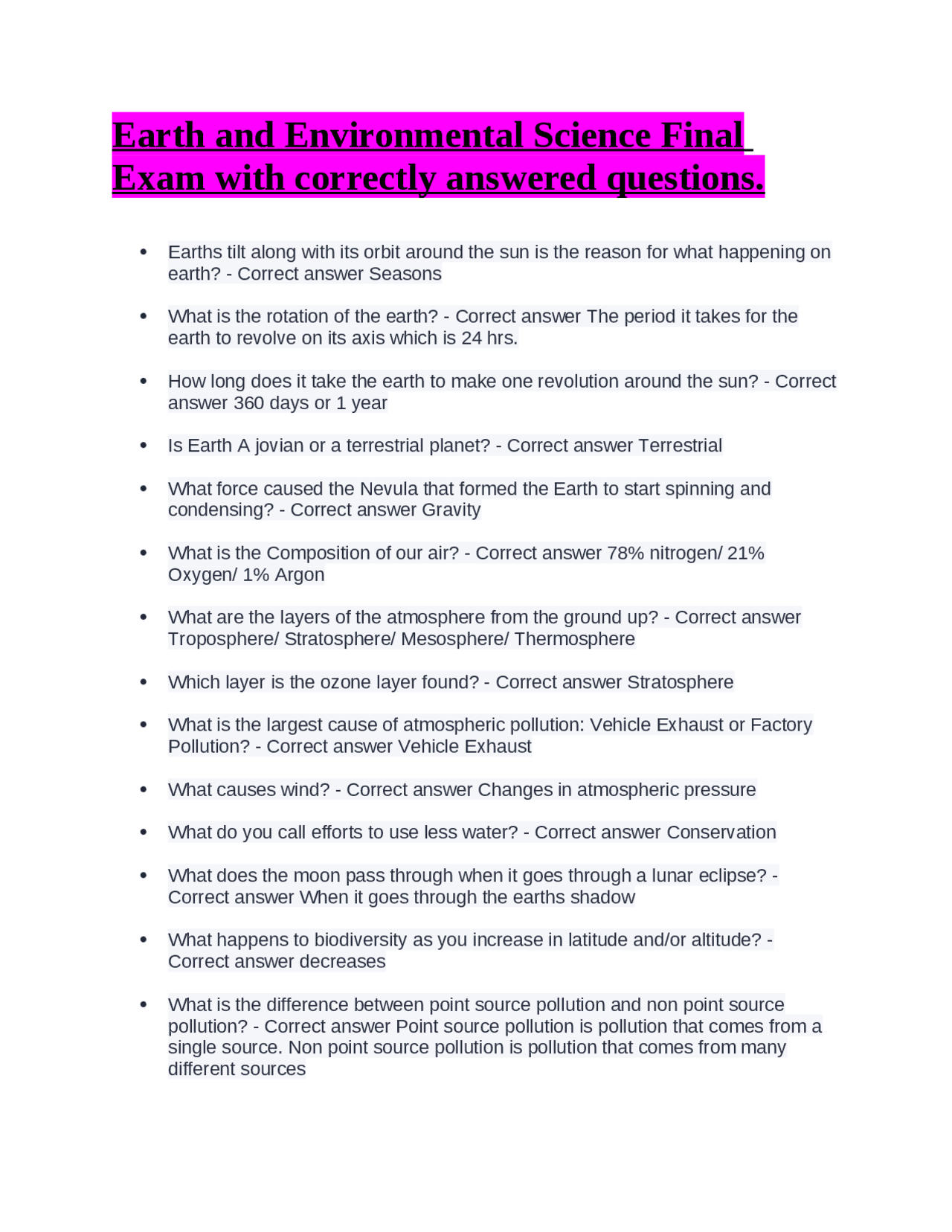 Earth and Environmental Science Final Exam | Exams Environmental ...