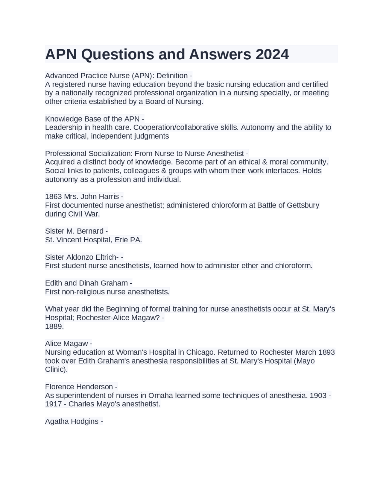 APN Questions and Answers 2024 | Exams Nursing | Docsity