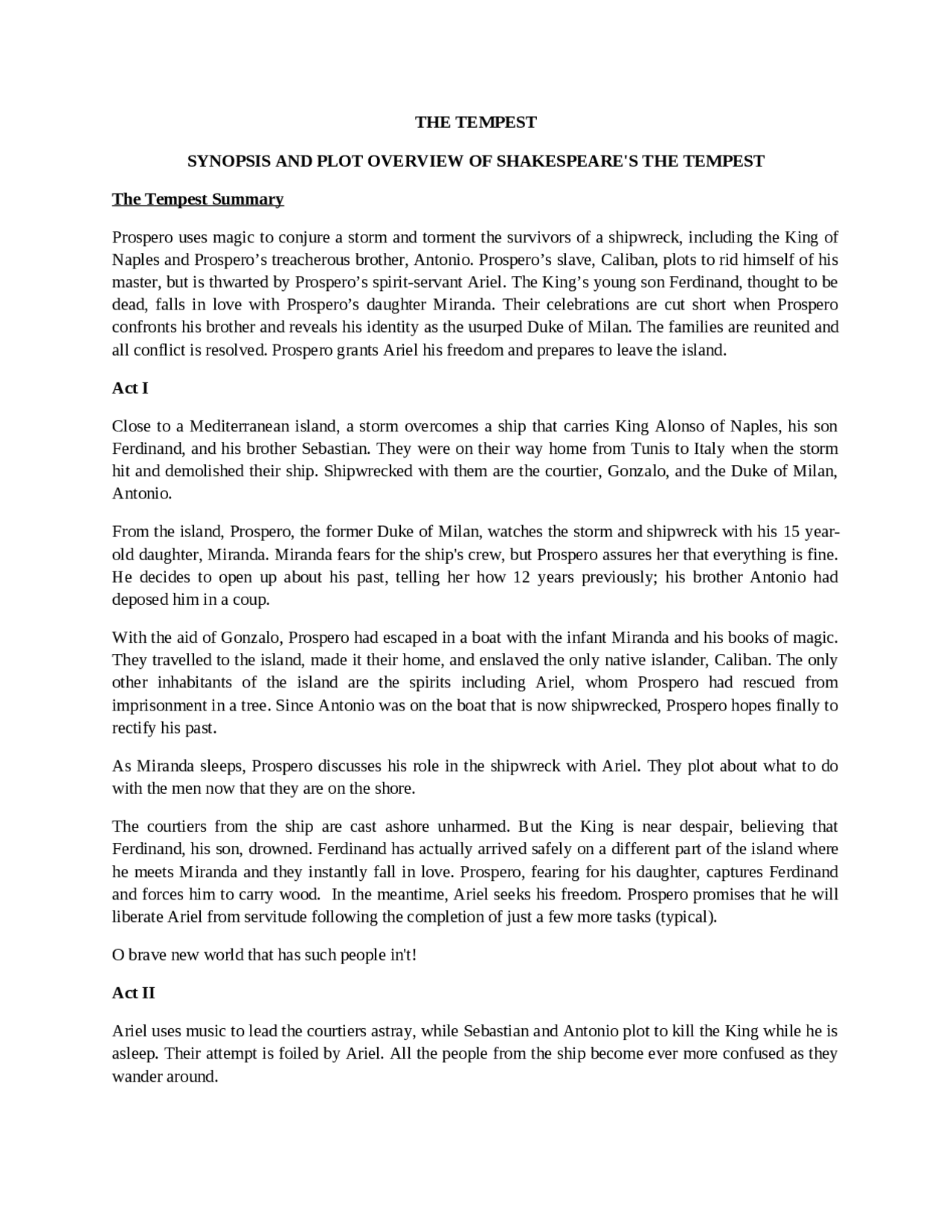 AN INTRODUCTION TO THE TEMPEST | Exercises Constitutional Law | Docsity