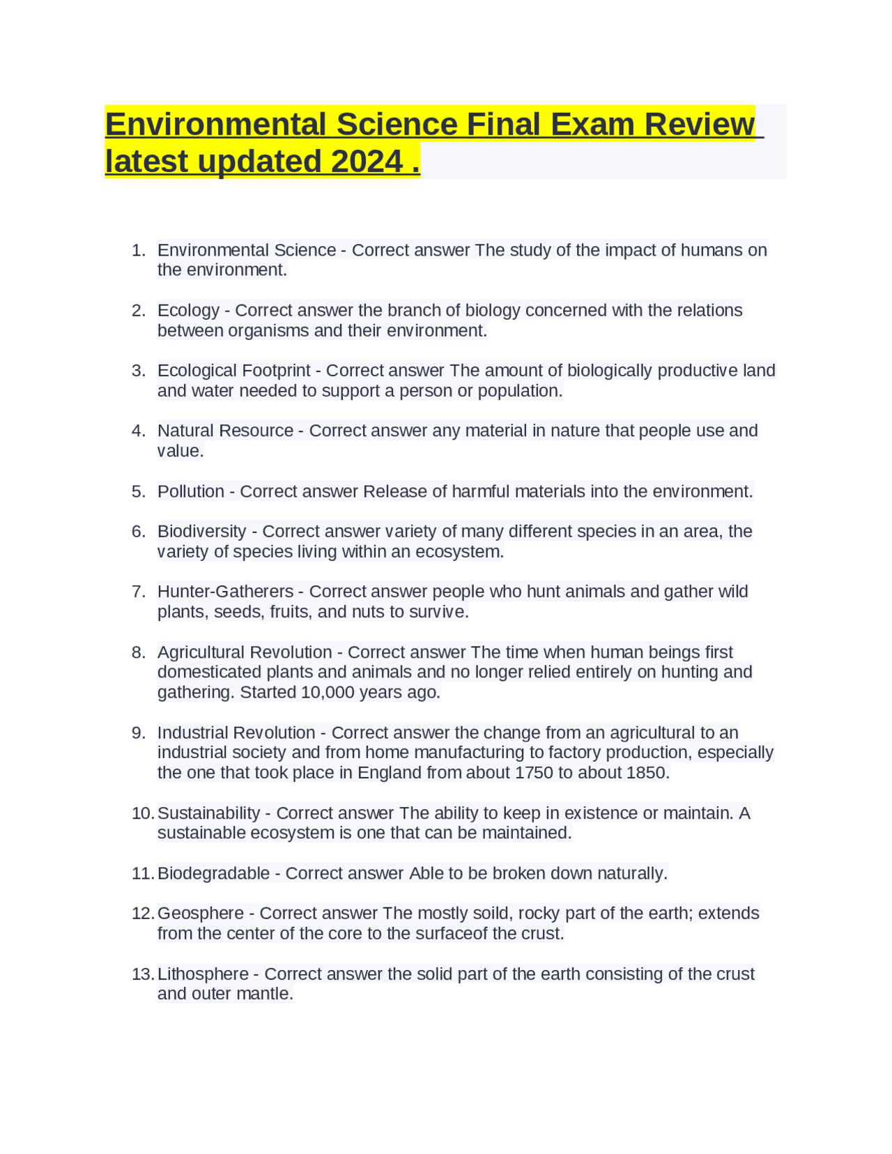 Environmental Science Final Exam Review latest updated 2024 . | Exams ...