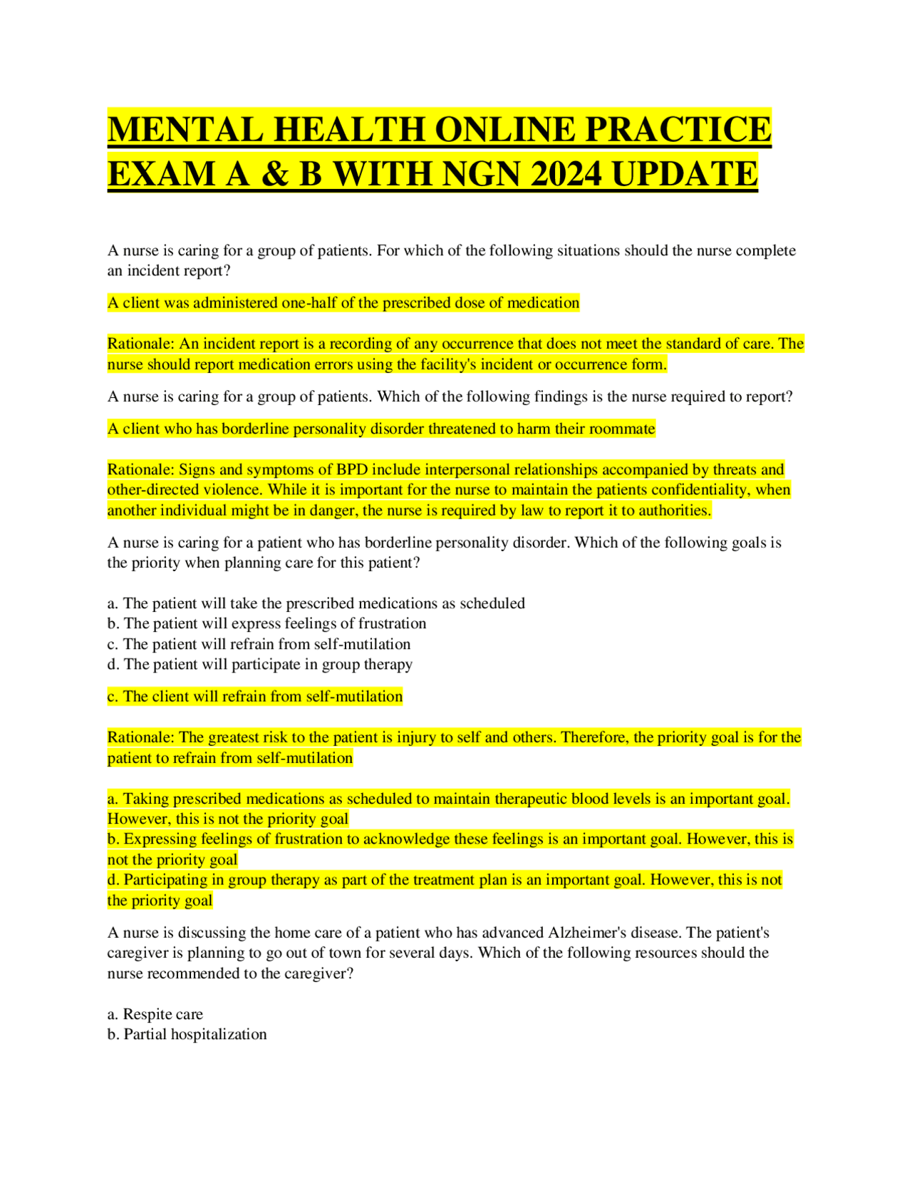 MENTAL HEALTH ONLINE PRACTICE EXAM A & B WITH NGN 2024 UPDATE | Exams ...