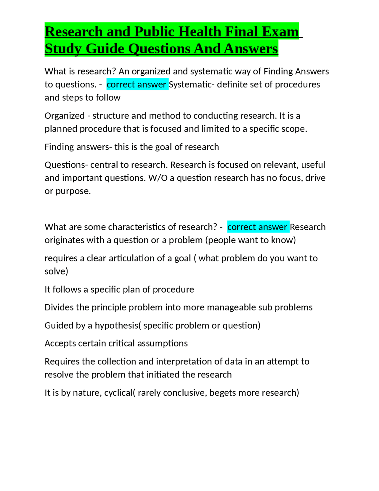 Research and Public Health Final Exam Study Guide Questions And Answers ...