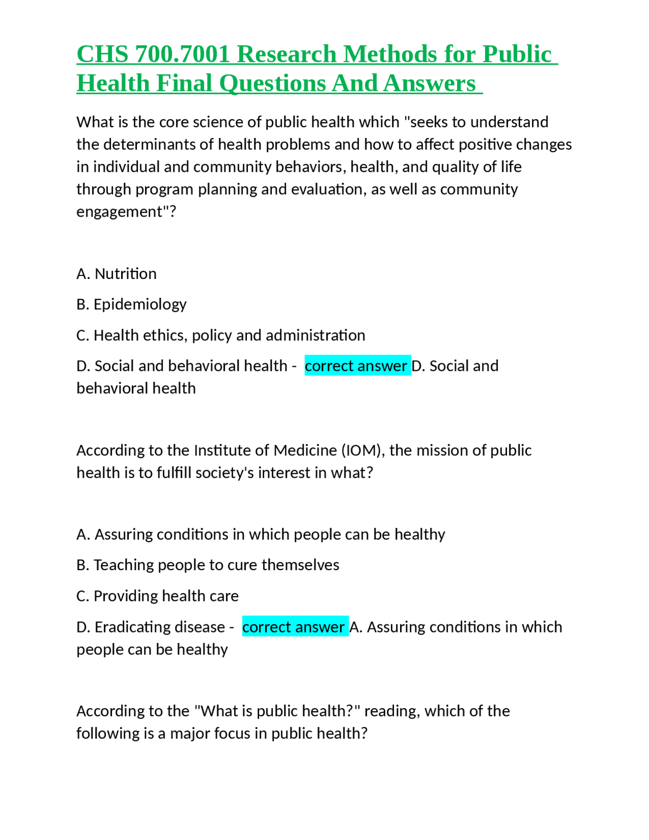CHS 700.7001 Research Methods for Public Health Final Questions And ...