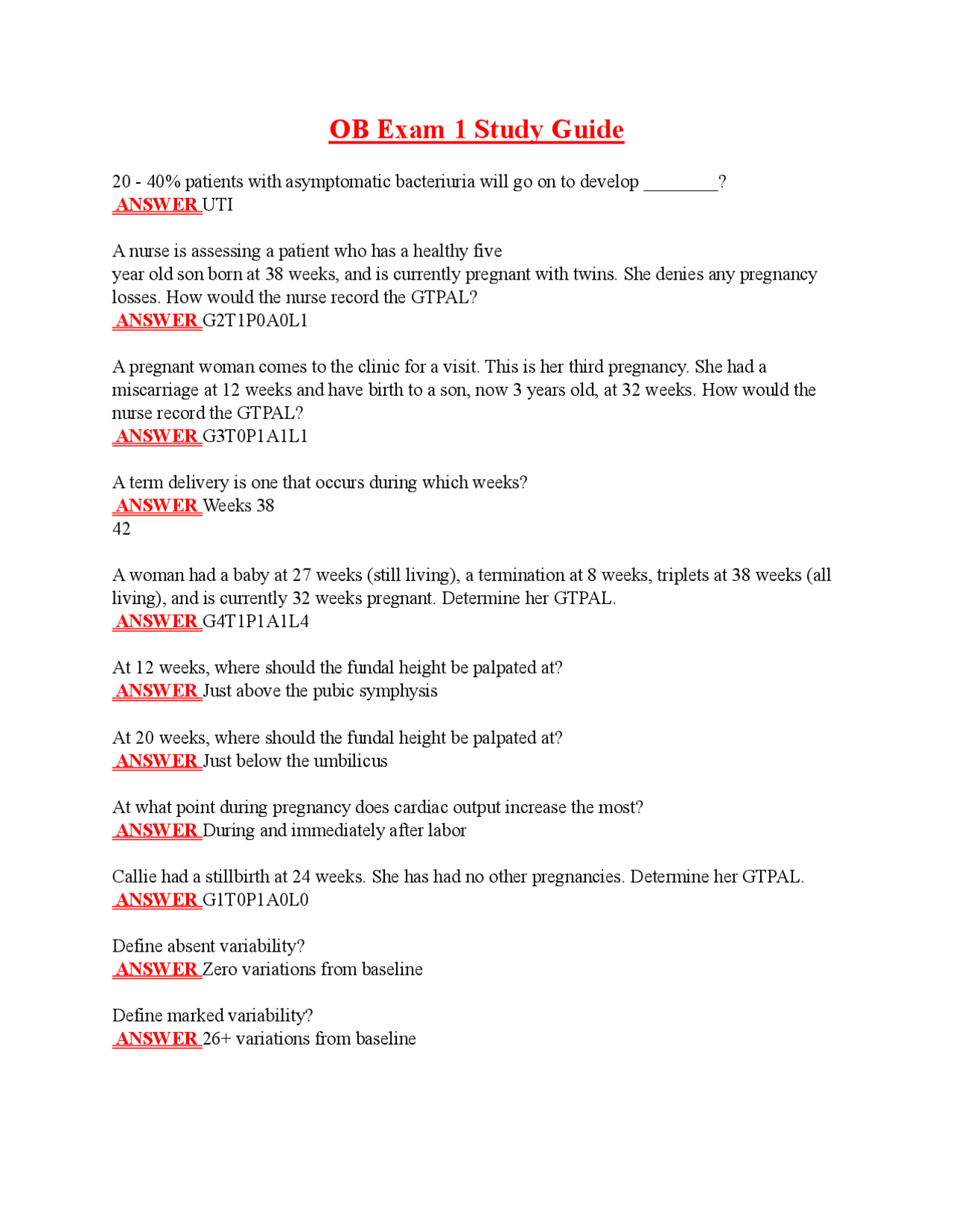 OB Exam 1 Study Guide Latest Edition 2024 | Exams Nursing | Docsity