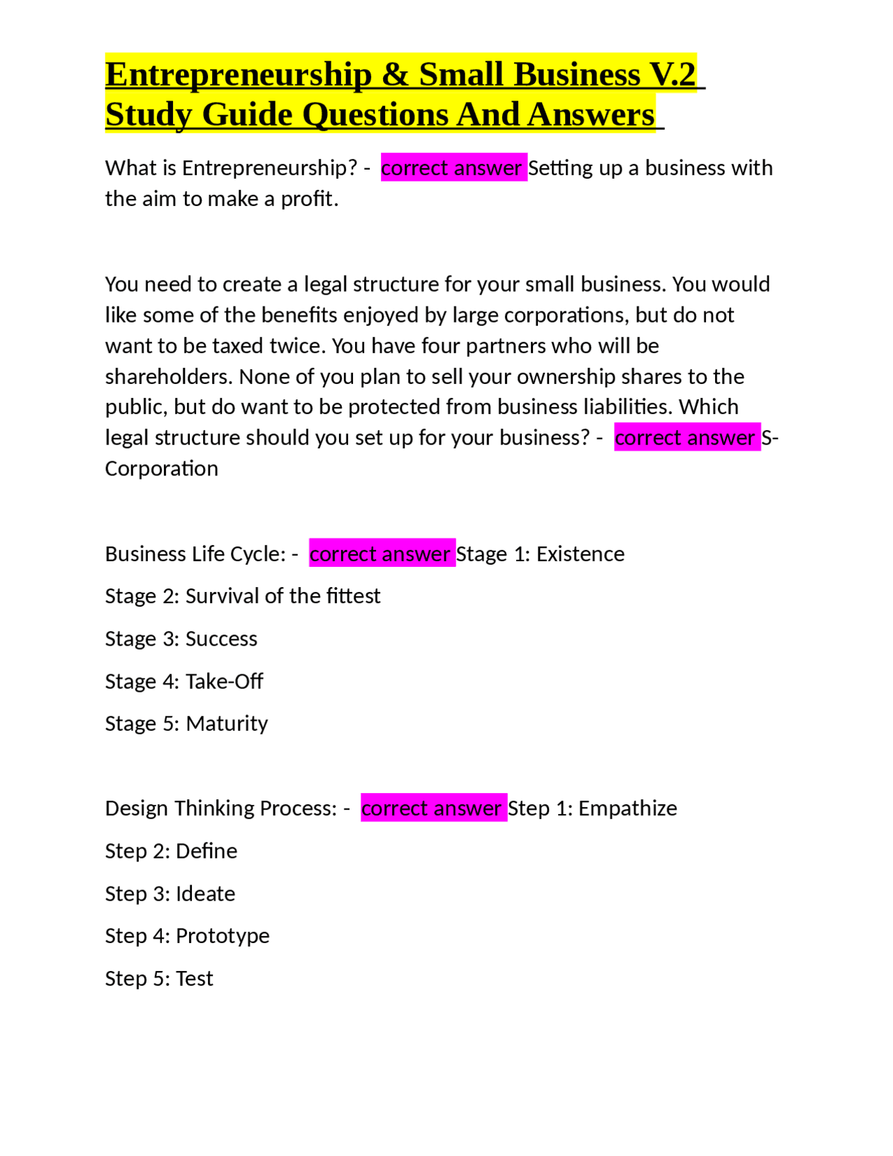 Entrepreneurship & Small Business V.2 Study Guide Questions And Answers ...