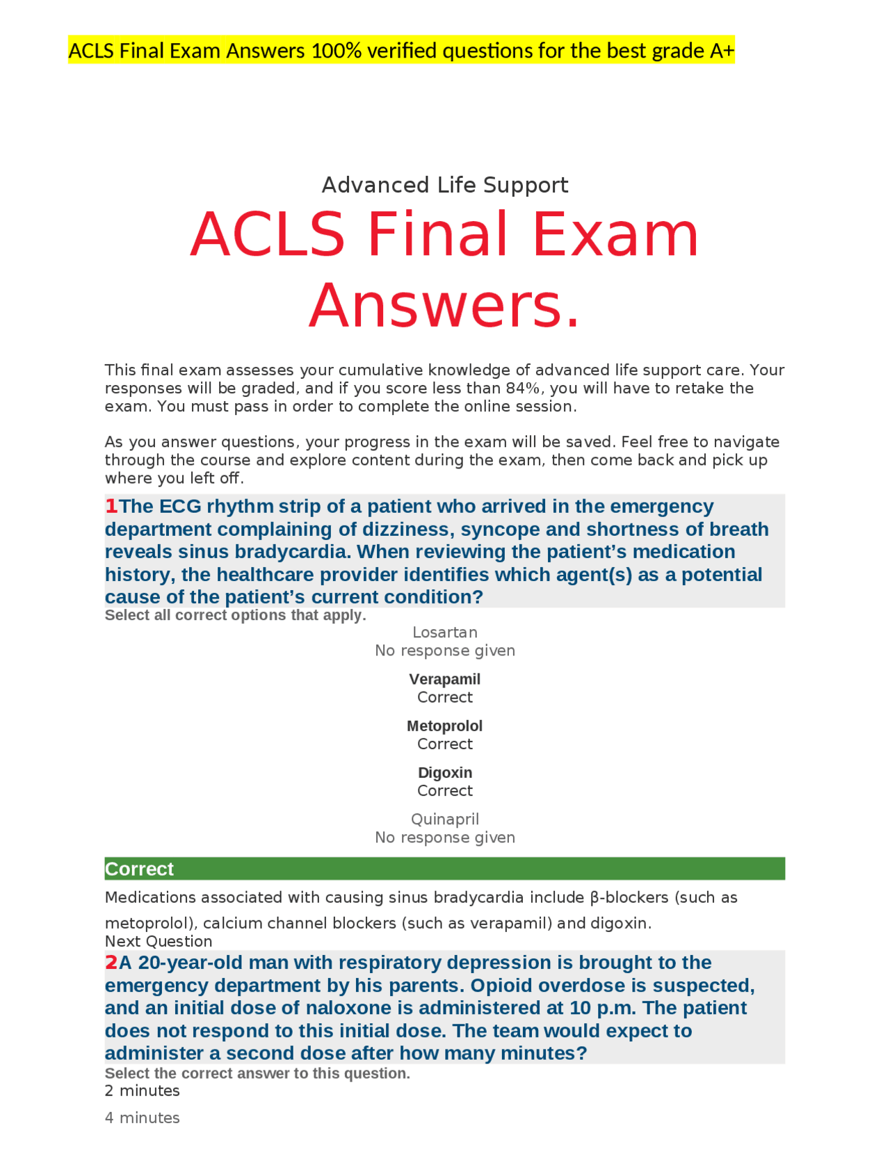 ACLS Final Exam Answers 100% verified questions for the best grade A+ ...