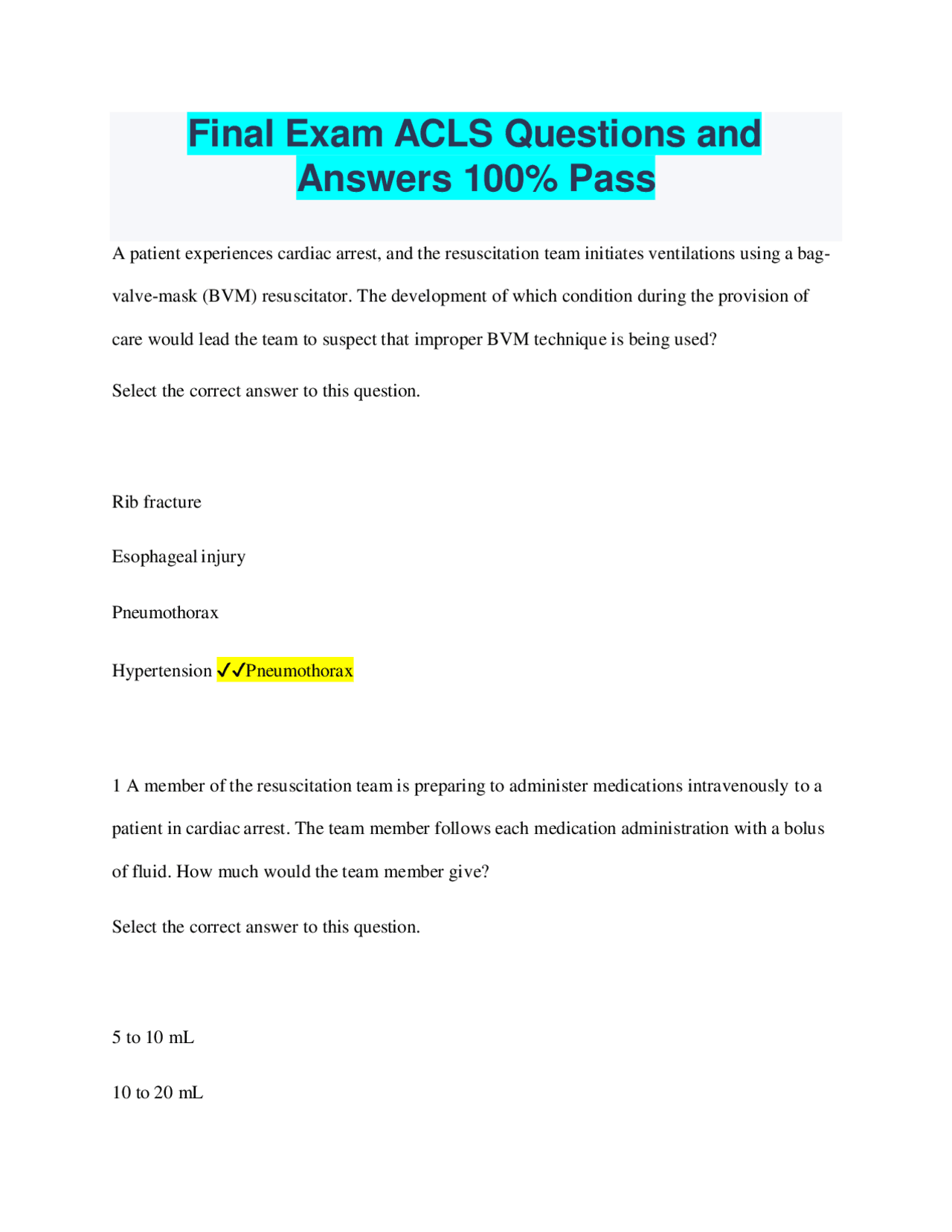Final Exam ACLS Questions and Answers 100% Pass | Exams Nursing | Docsity