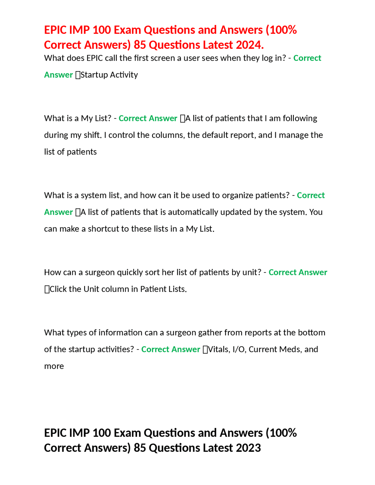 EPIC IMP 100 Exam Questions and Answers (100% Correct Answers) 85 ...