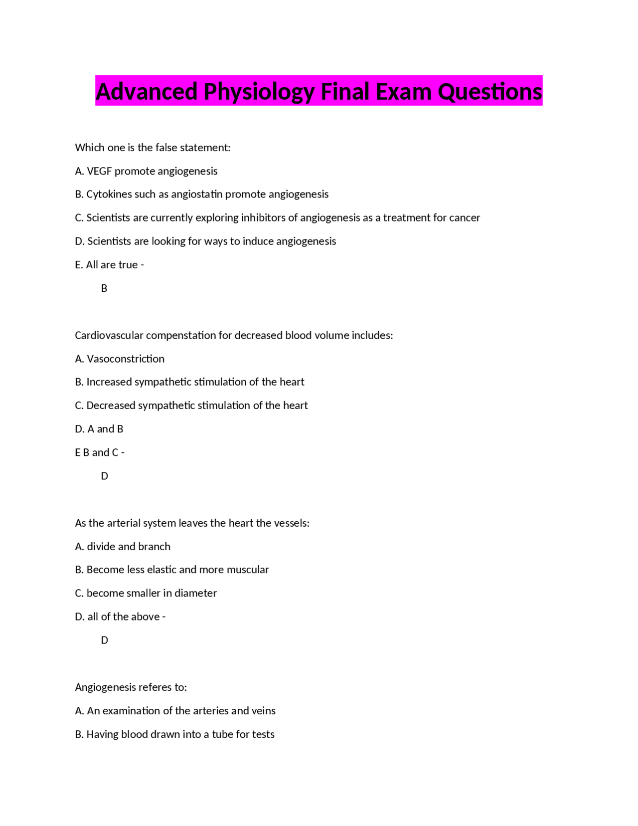 Advanced Physiology Final Exam Questions | Exams Pathophysiology | Docsity