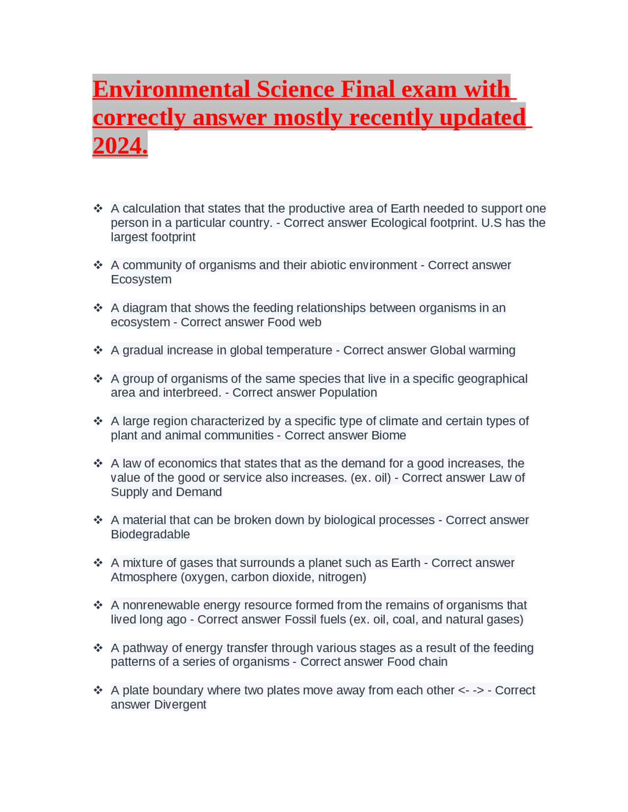 Environmental Science Final exam with correctly answer mostly recently updated 2024. | Exams ...