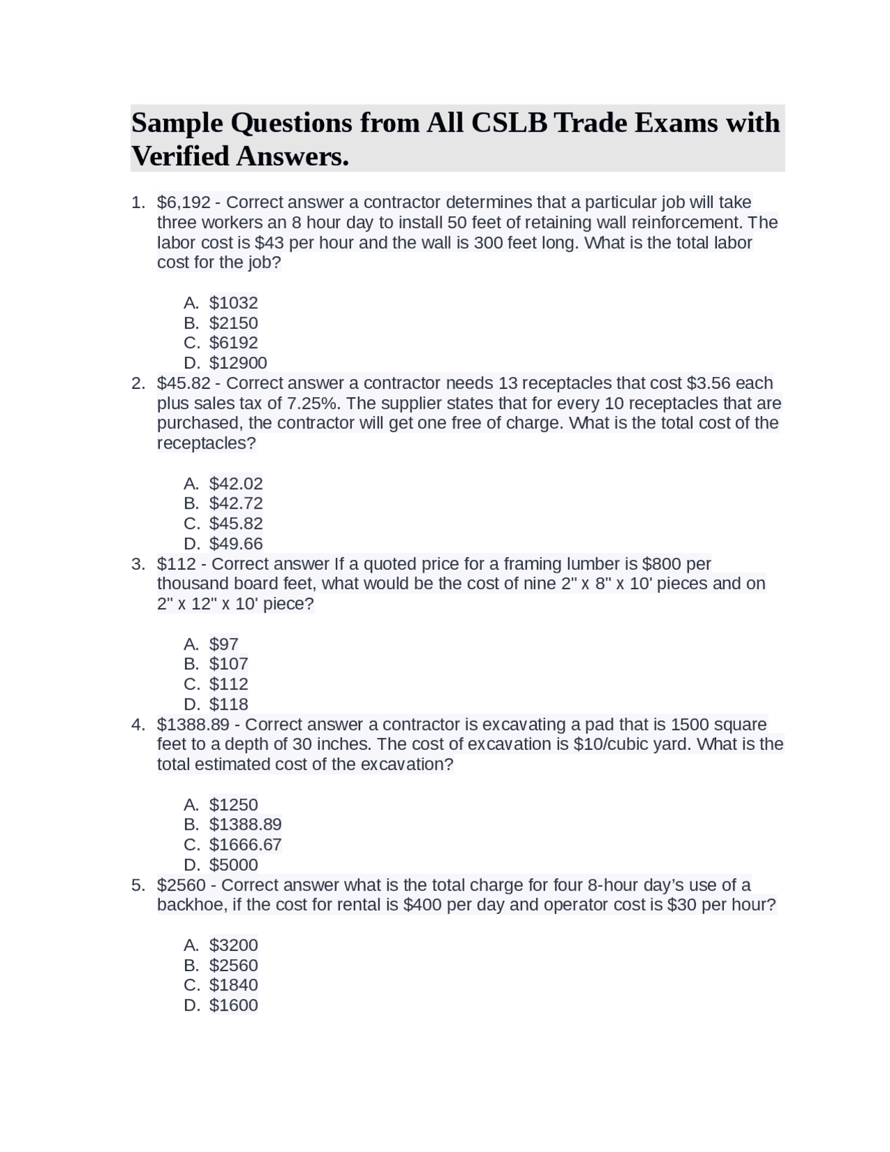 Sample Questions from All CSLB Trade Exams with Verified Answers ...