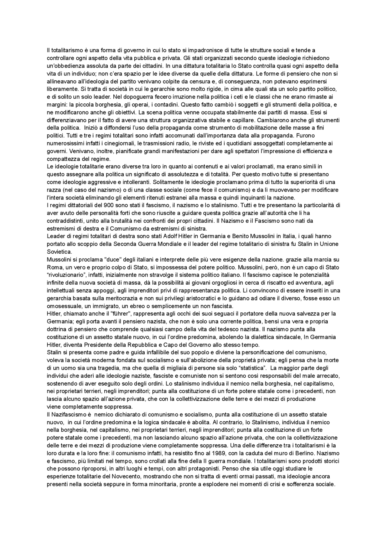 Tema storico sui Regimi Totalitari | Dispense di Italiano | Docsity
