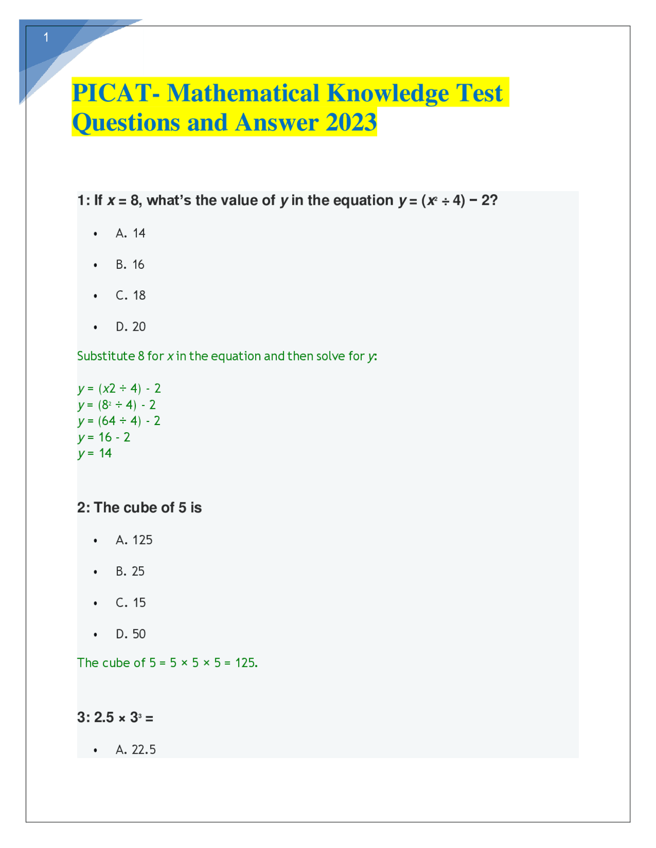 Mathematical Knowledge Test Questions and Answers | Exams Mathematics ...