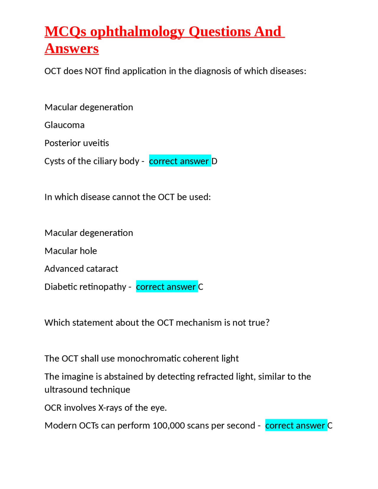 MCQs ophthalmology Questions And Answers | Exams Ophthalmology | Docsity