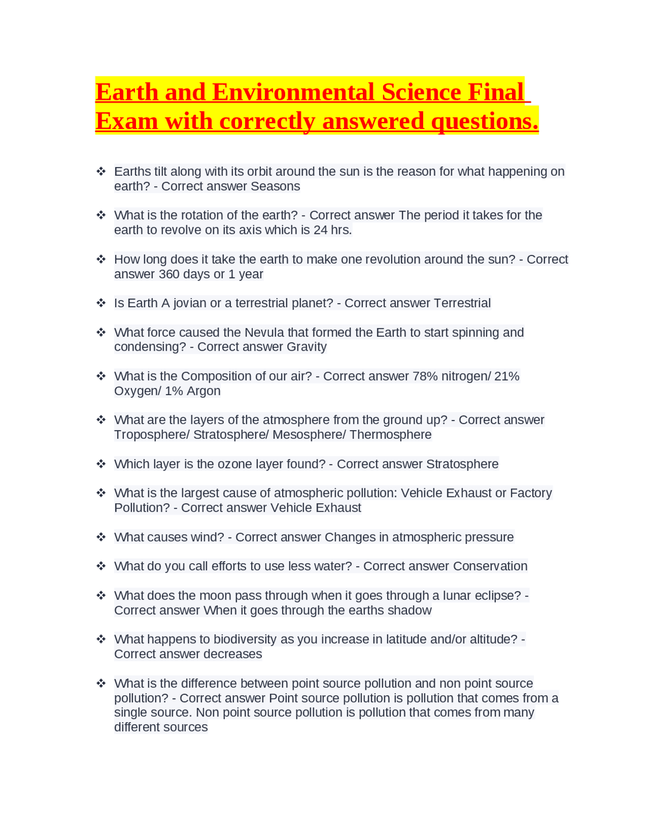 Earth and Environmental Science Final Exam with correctly answered ...