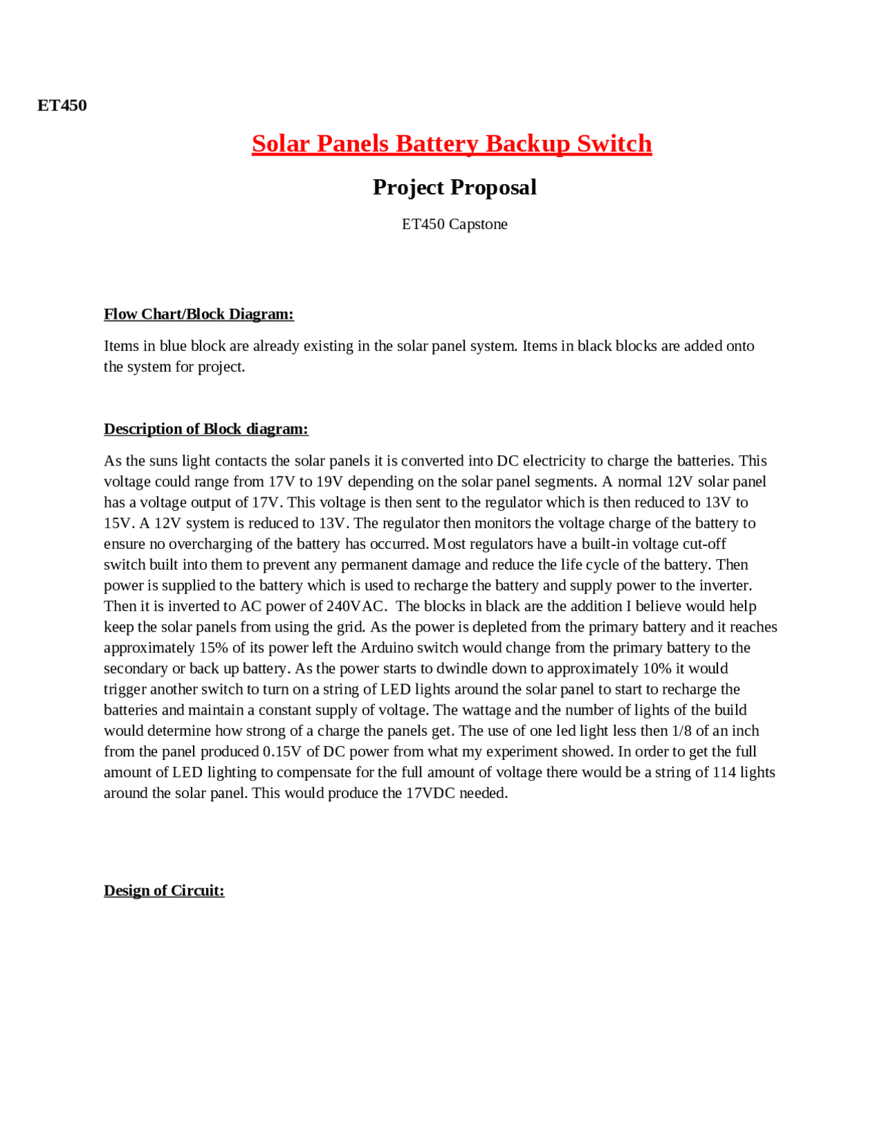 ET450 Solar Panels Battery Backup Switch Project Proposal | Thesis ...