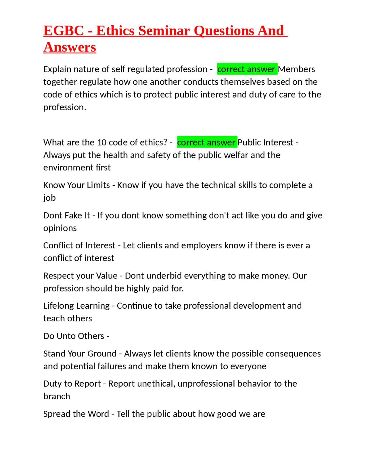 EGBC - Ethics Seminar Questions And Answers | Exams Ethics | Docsity