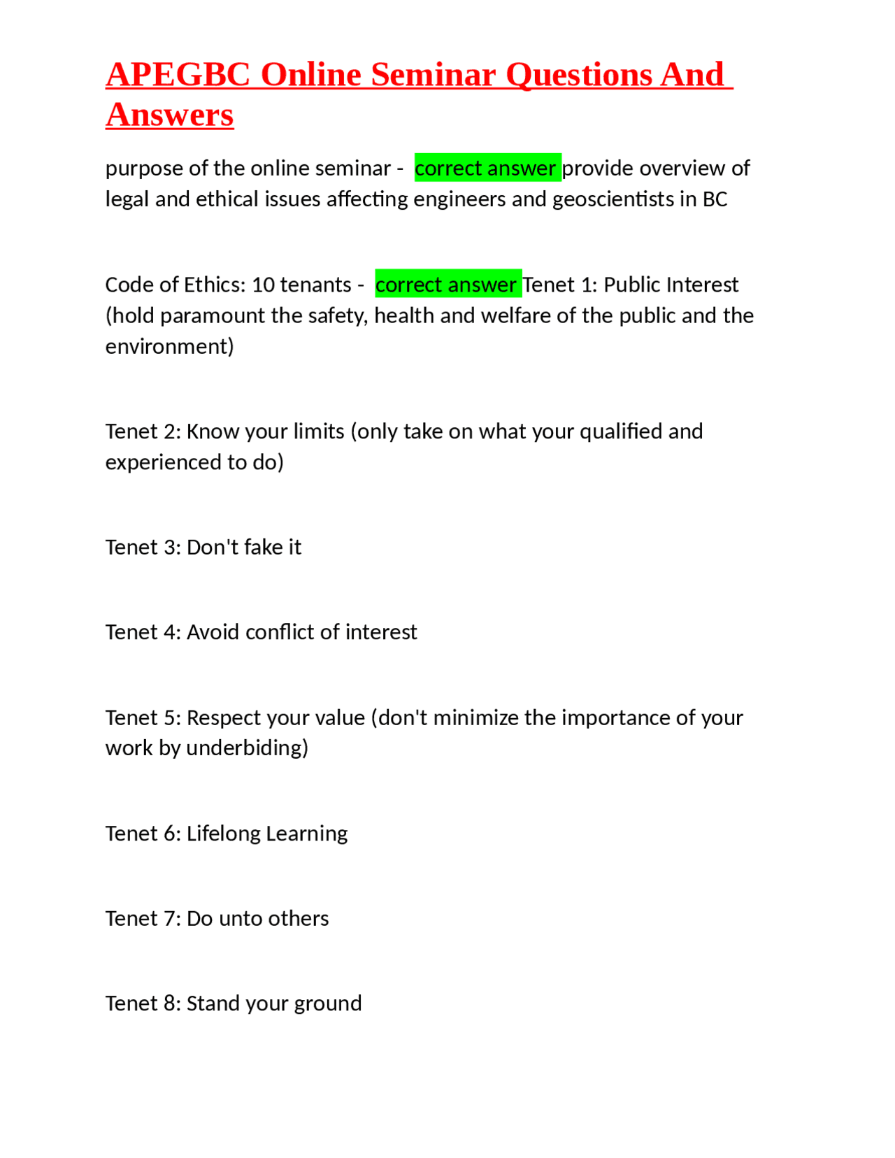 APEGBC Online Seminar Questions And Answers | Exams Ethics | Docsity