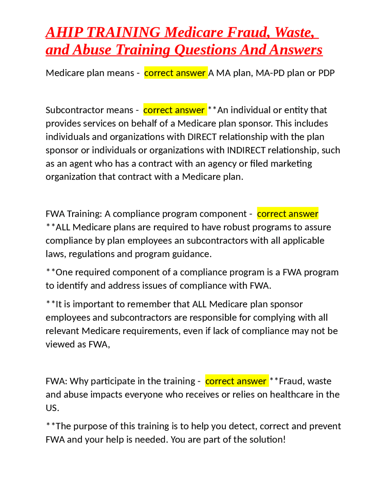 AHIP TRAINING Medicare Fraud, Waste, and Abuse Training Questions And ...