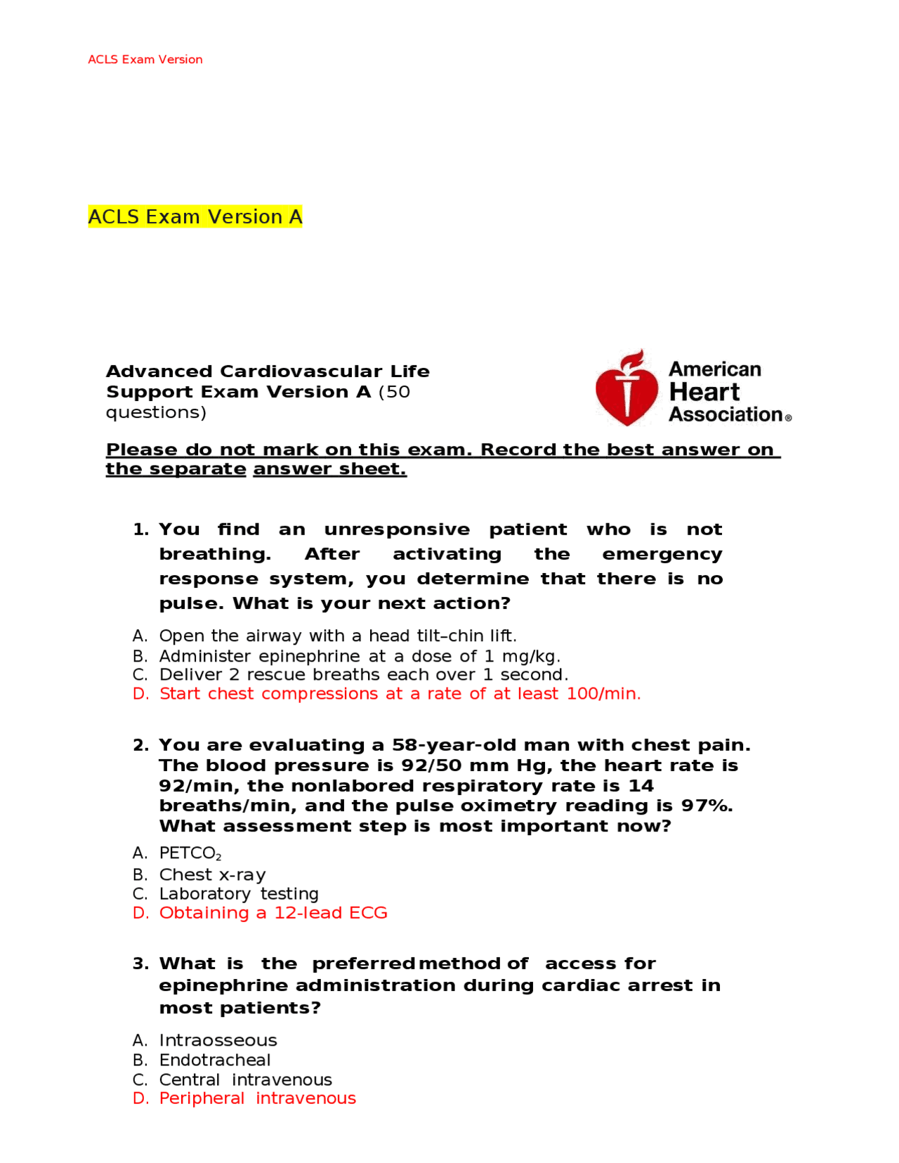 ACLS Exam Version A Graded A+ | Exams Nursing | Docsity