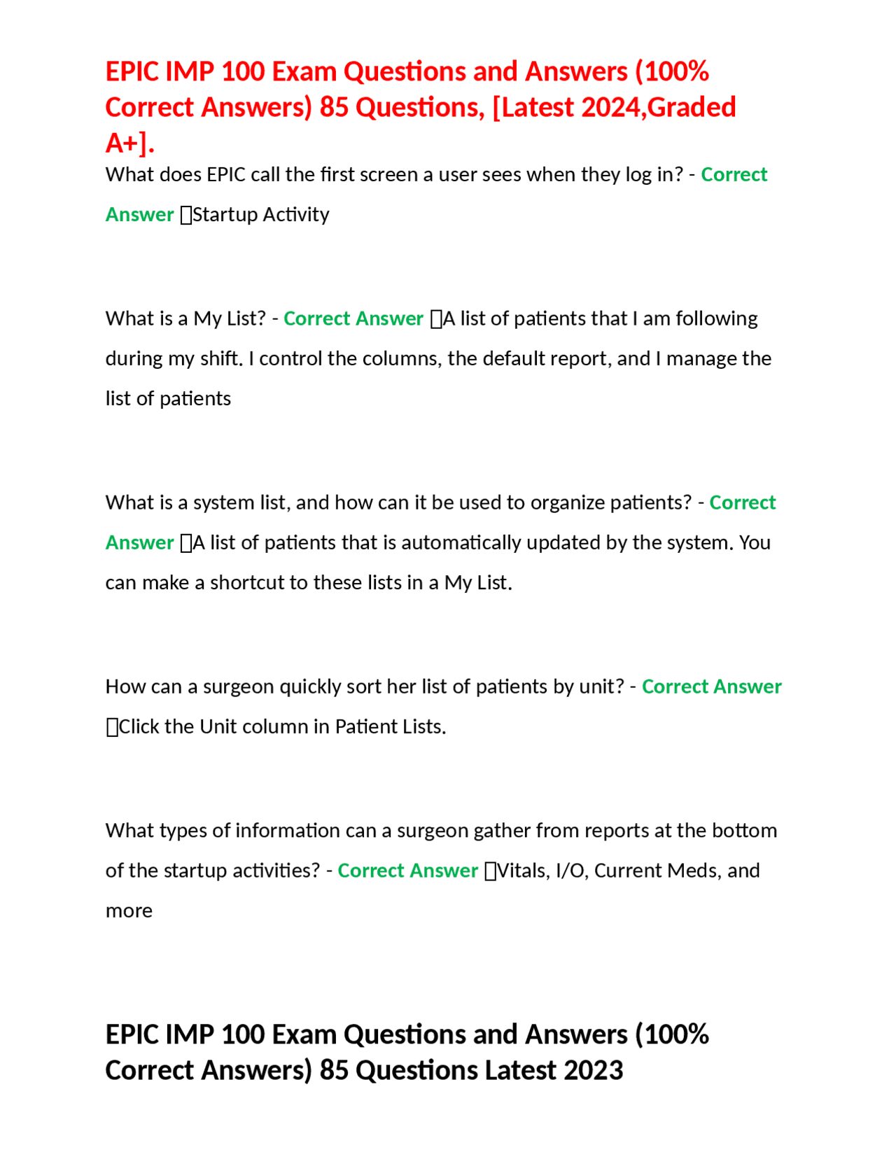 EPIC IMP 100 Exam Questions and Answers (100% Correct Answers) 85 ...
