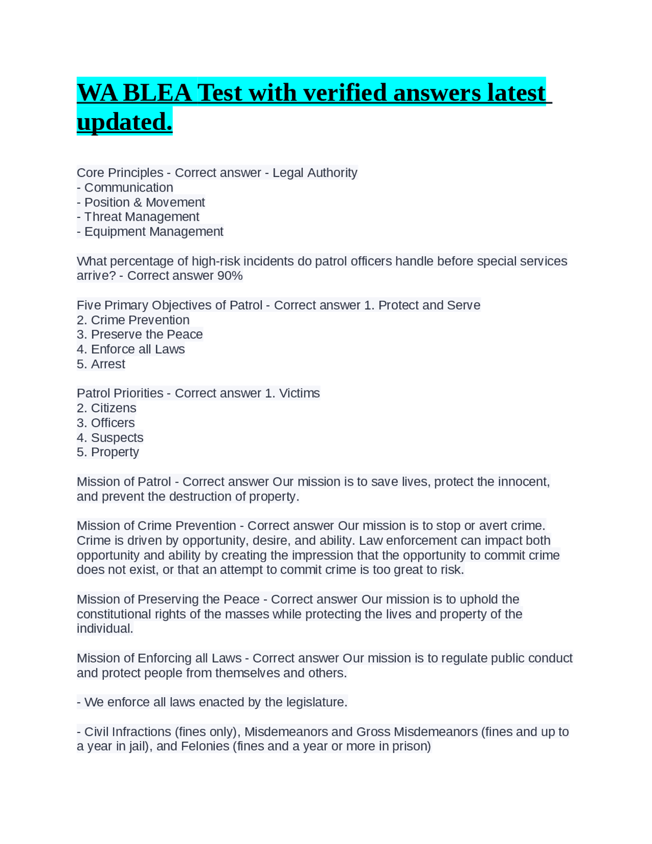 WA BLEA Test with verified answers latest updated. | Exams Law | Docsity