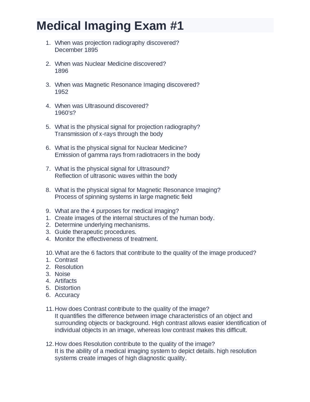 Medical Imaging Exam #1 | Exams Medical imaging | Docsity