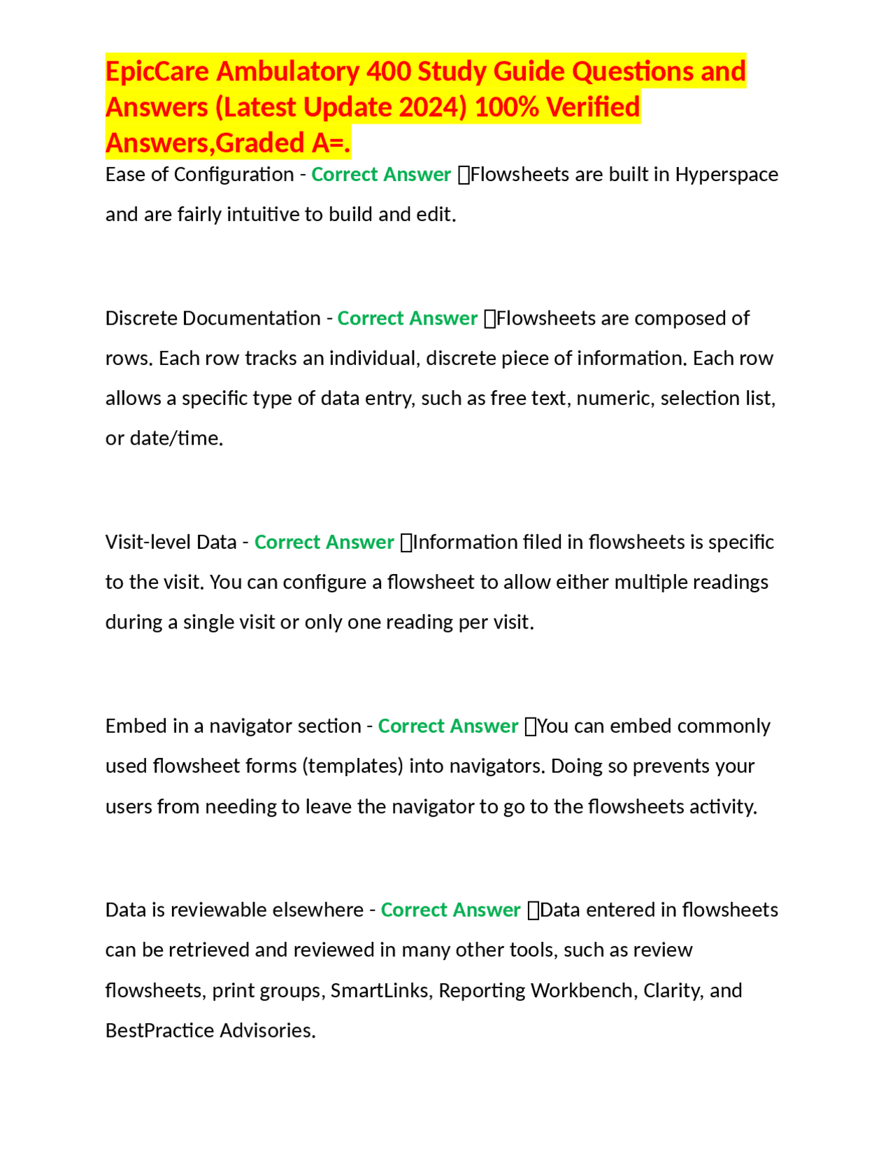 EpicCare Ambulatory 400 Study Guide Questions and Answers (Latest ...