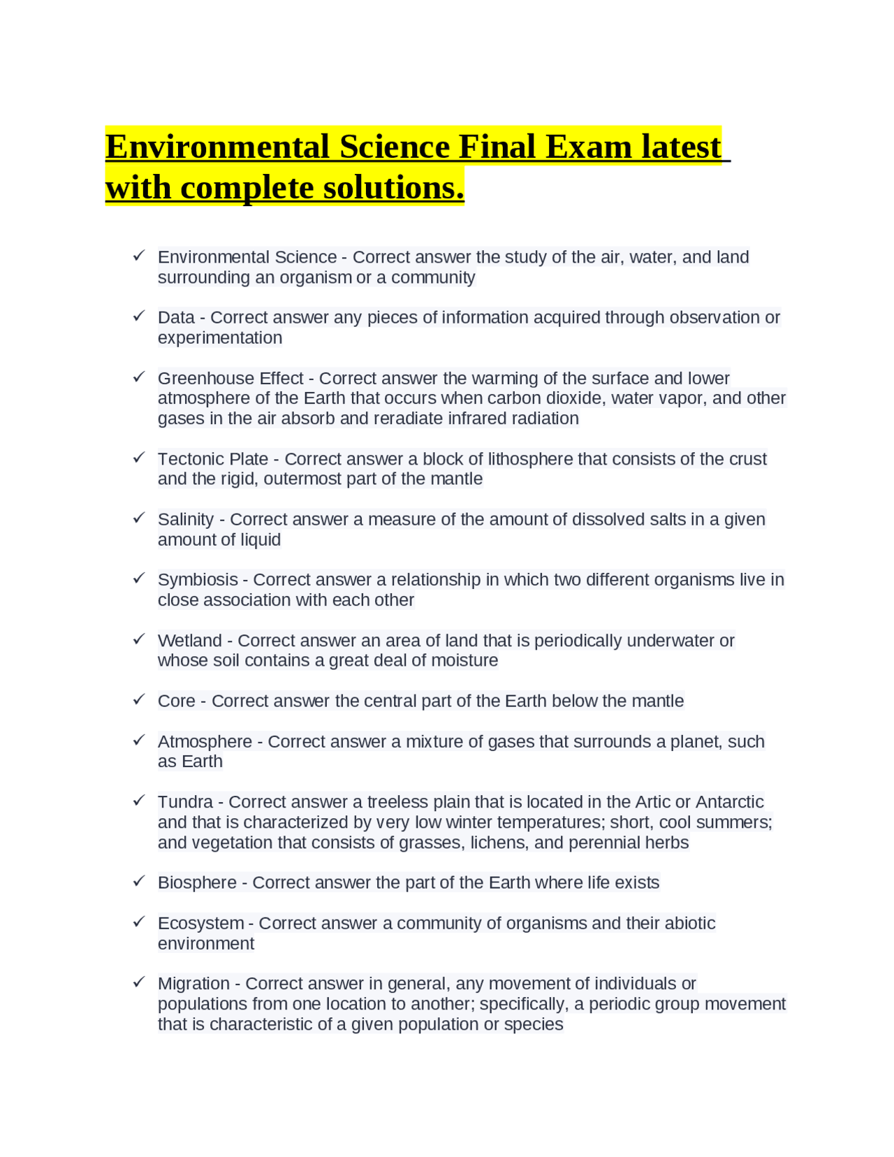 Environmental Science Final Exam with Solutions | Exams Environmental ...