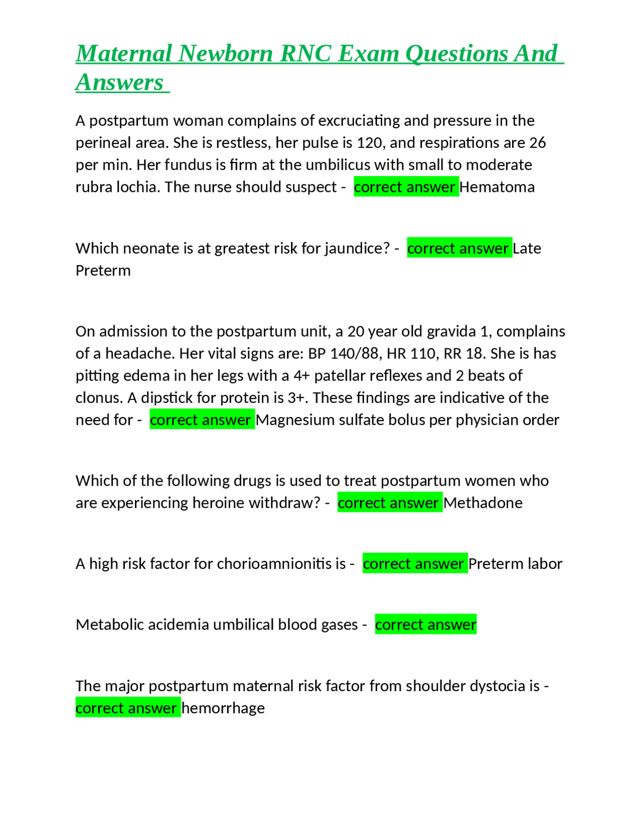 Maternal Newborn RNC Exam Questions And Answers | Exams Nursing | Docsity