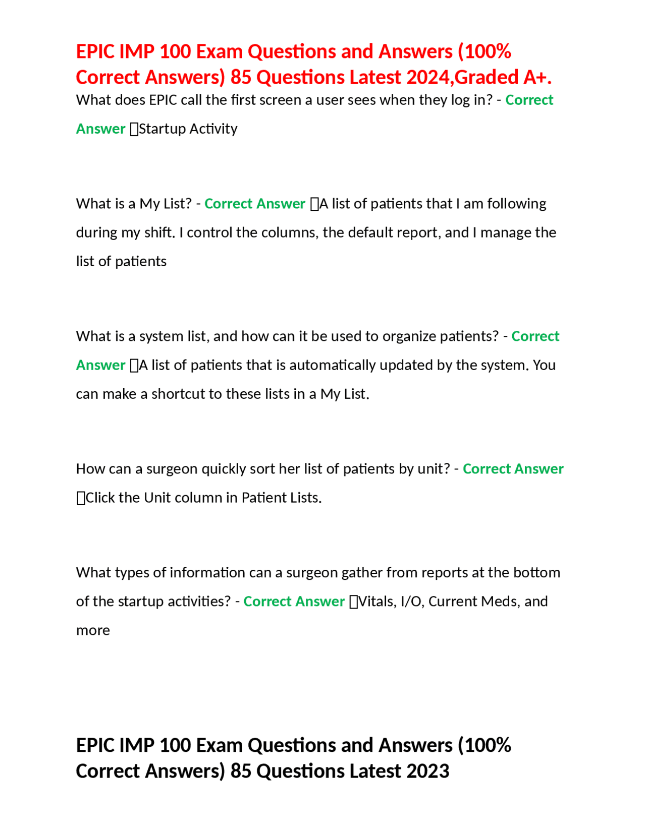 EPIC IMP 100 Exam Questions and Answers (100% Correct Answers) 85 ...