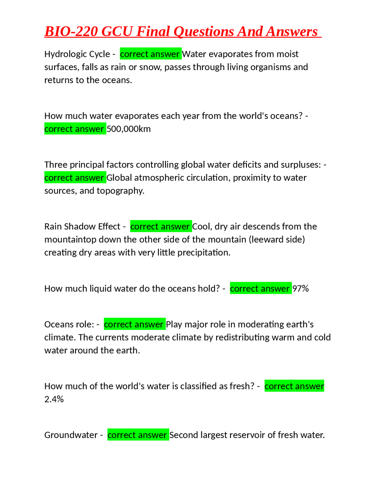 BIO-220 GCU Final Questions And Answers Hydrologic Cycle | Exams Marine ...