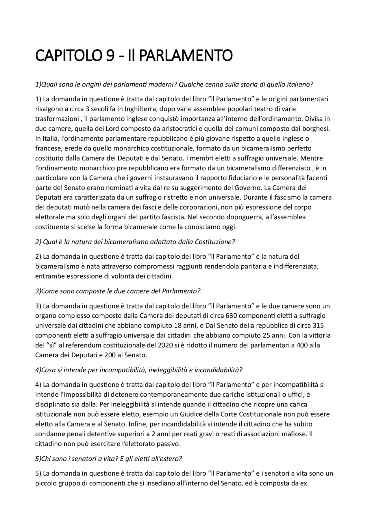 Il parlamento domande e risposte | Prove d'esame di Diritto Pubblico | Docsity