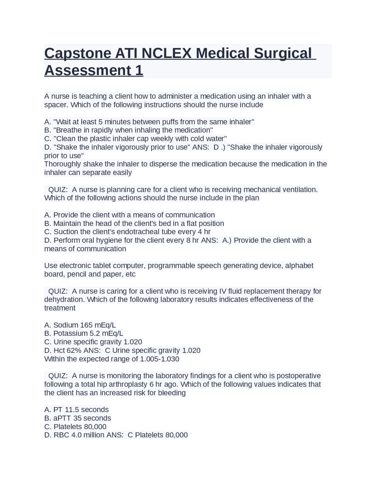 Capstone ATI NCLEX Medical Surgical Assessment 1 | Exams Nursing | Docsity