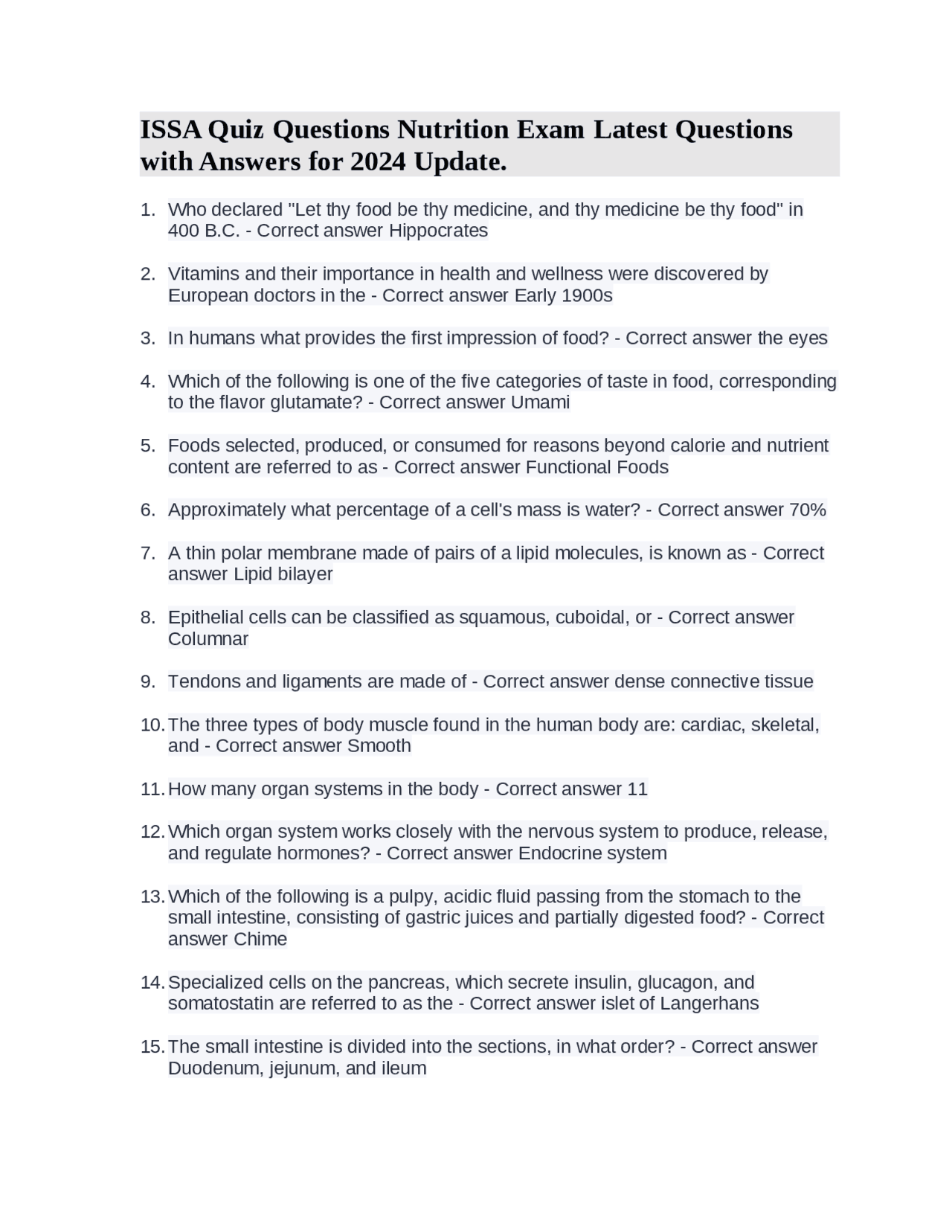 ISSA Quiz Questions Nutrition Exam Latest Questions with Answers for ...