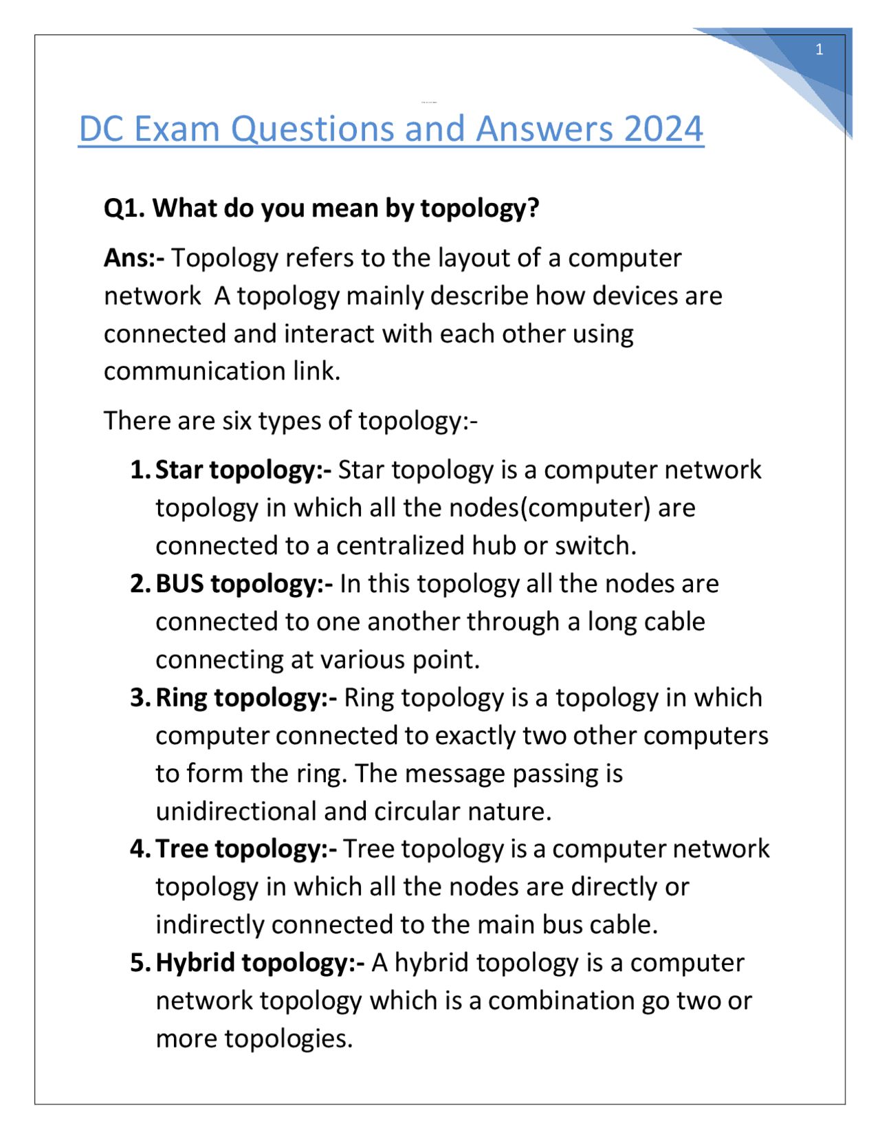 Computer Network Topologies and Concepts | Exams Medicine | Docsity