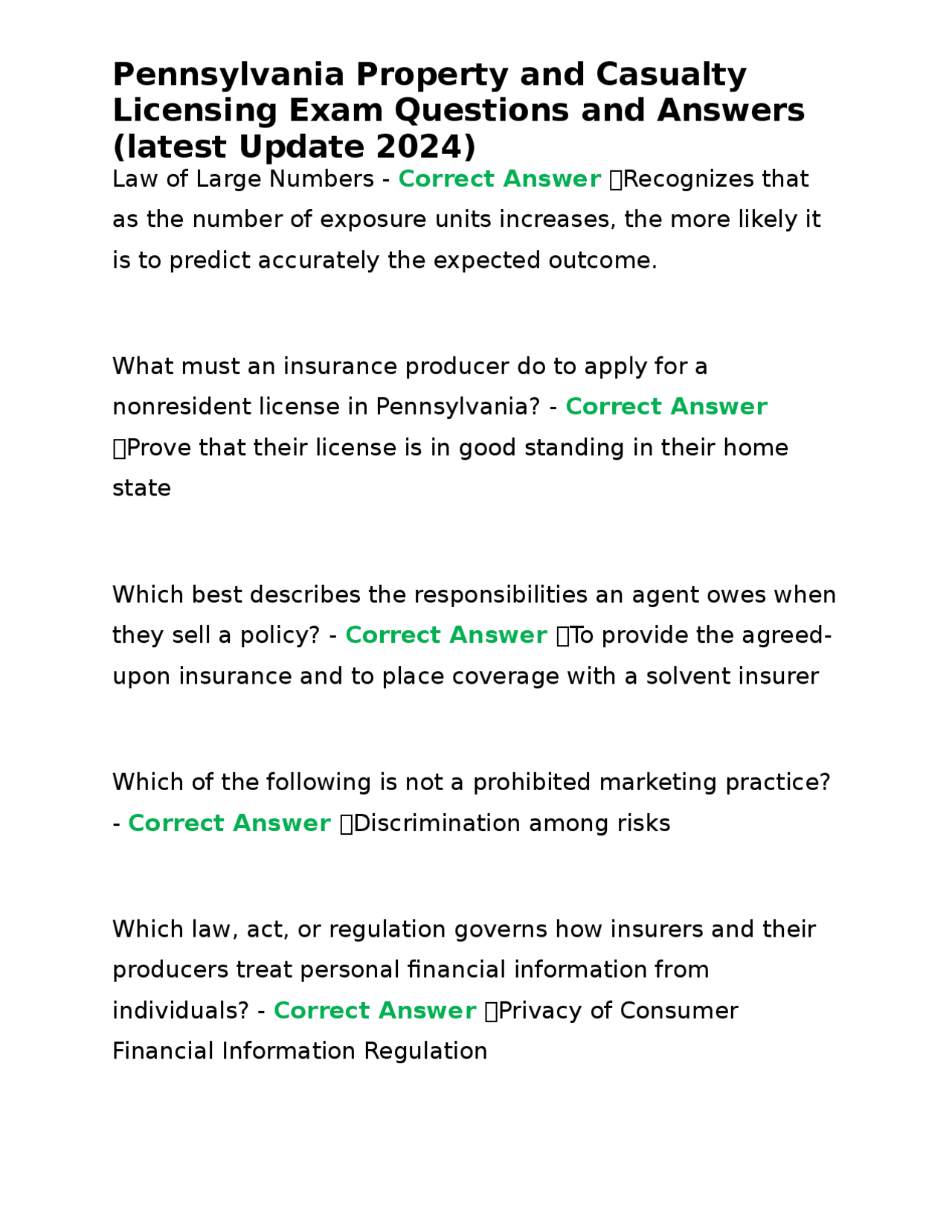 Pennsylvania Property and Casualty Licensing Exam Questions and Answers ...