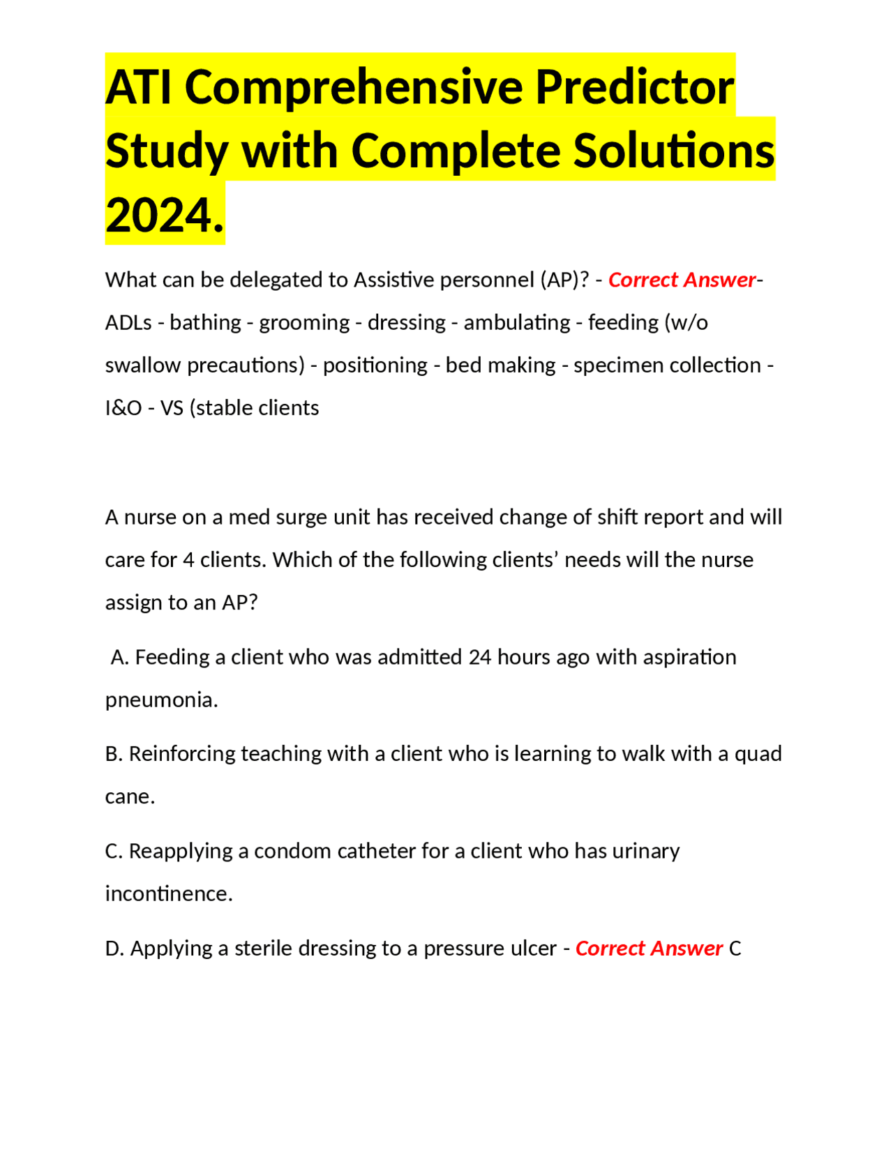 ATI Comprehensive Predictor Study with Complete Solutions 2024. | Exams ...