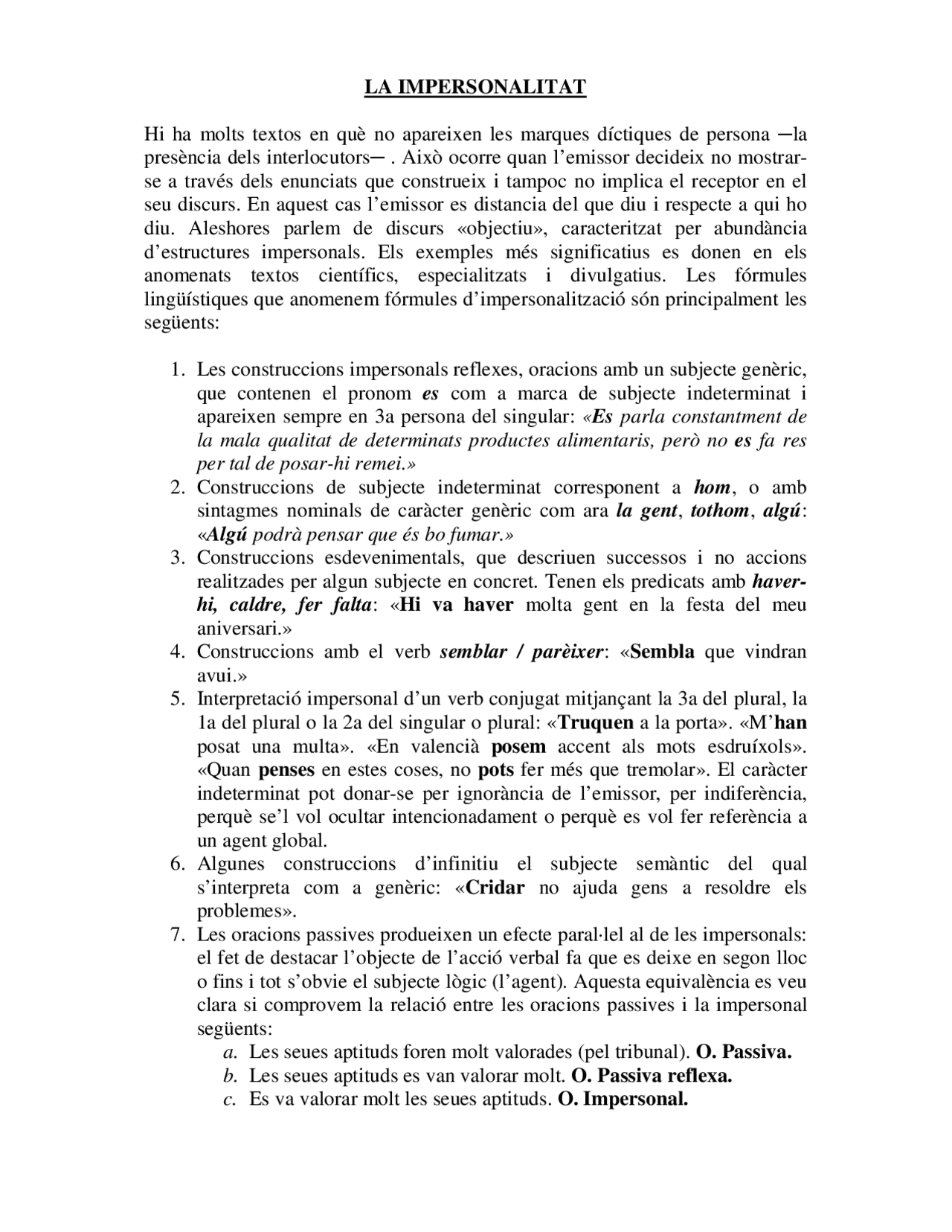 Apuntes sobre la impersonalidad en textos | Apuntes de Valenciano | Docsity