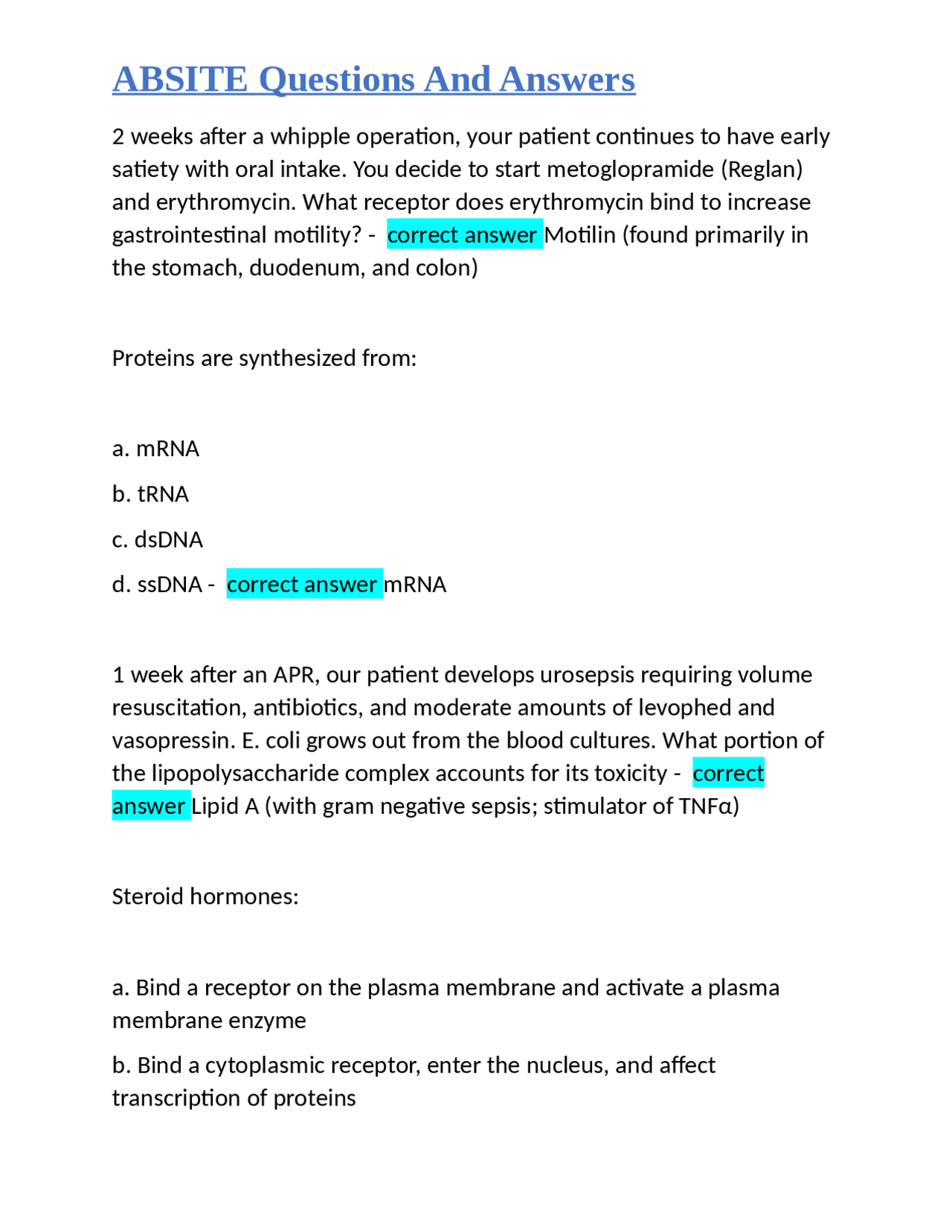 ABSITE Questions and Answers | Exams Medicine | Docsity