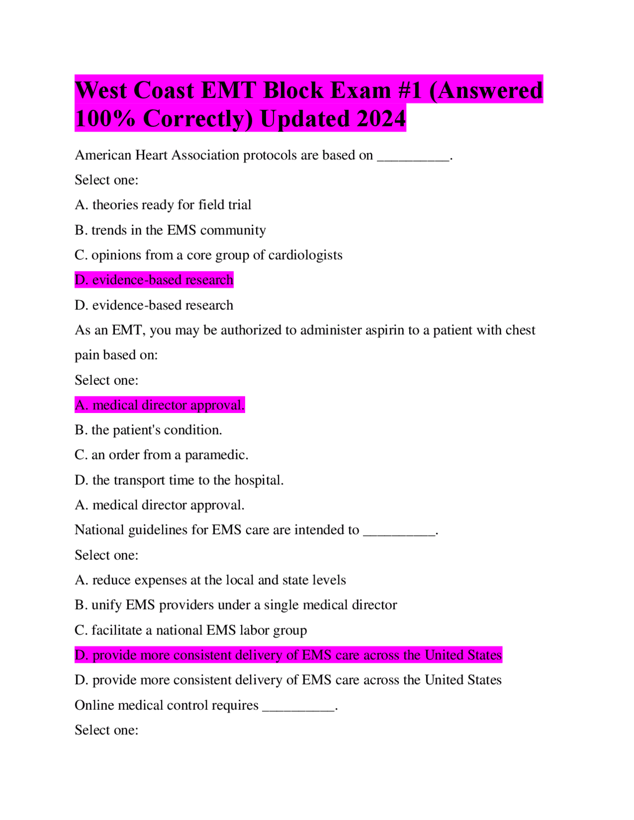West Coast EMT Block Exam #1 (Answered 100% Correctly) Updated 2024 ...
