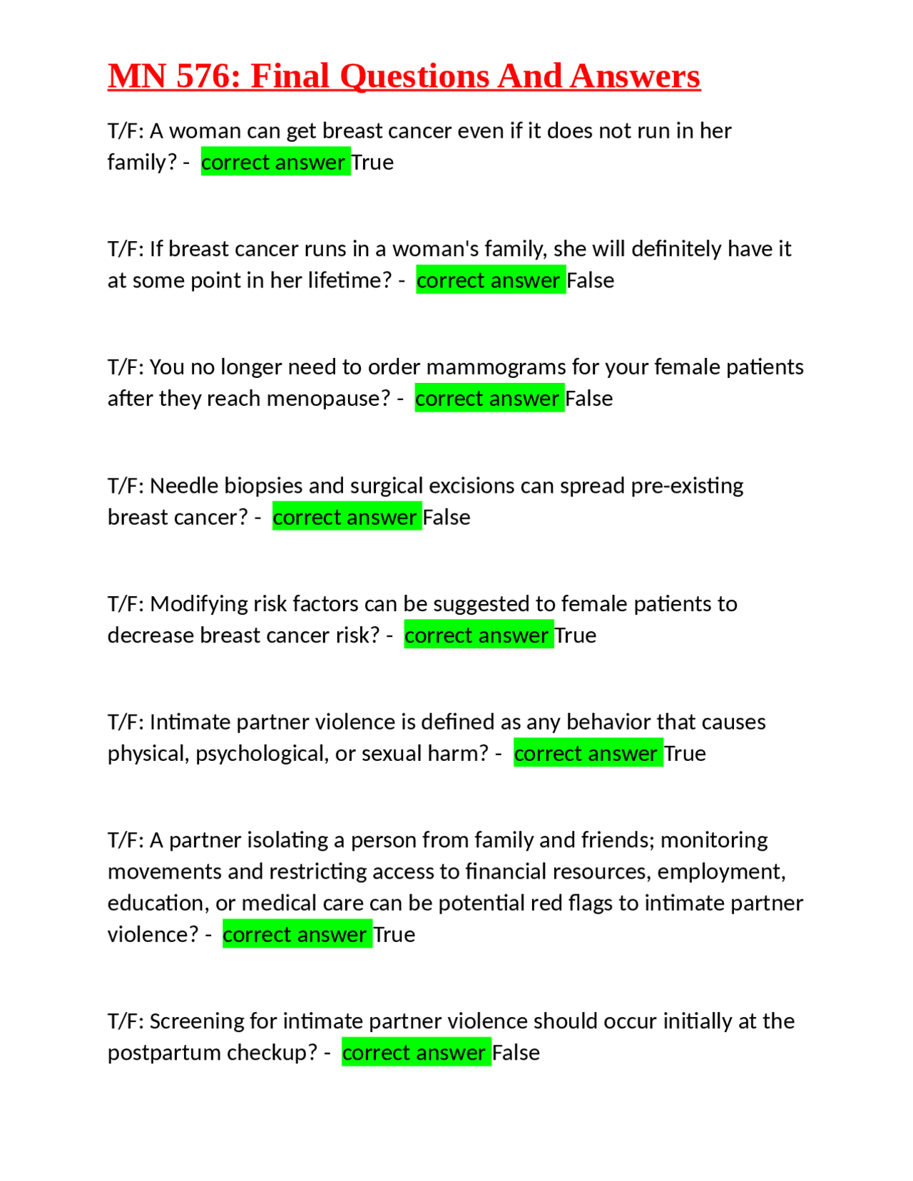 MN 576: Final Questions And Answers | Exams Medicine | Docsity