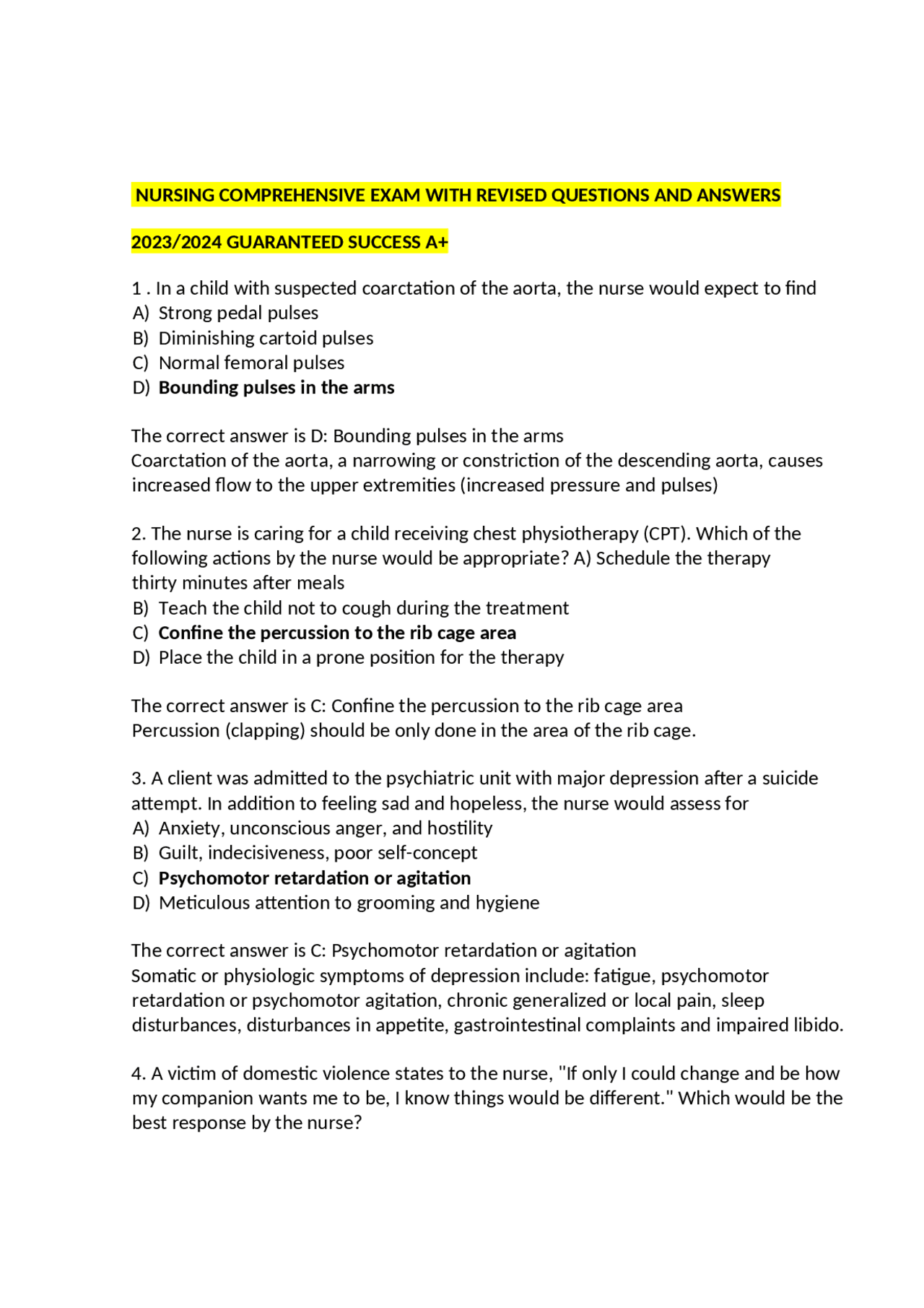 Nursing Comprehensive Exam with Revised Questions and Answers | Exams Nursing | Docsity