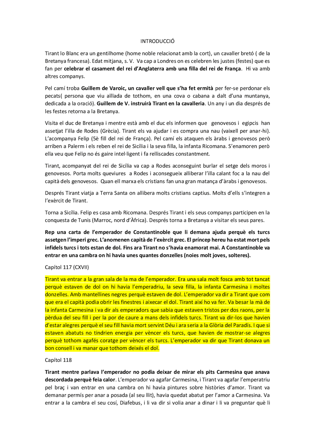 El amor de Tirant: Capítulos 118 y 126-131 | Resúmenes de Catalán | Docsity