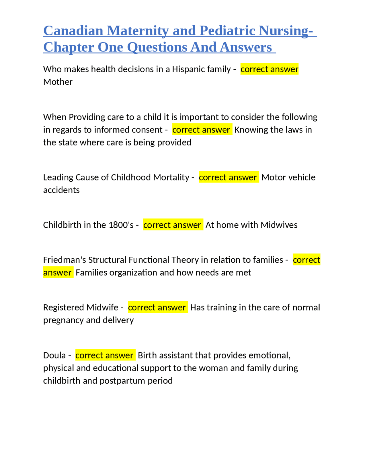 Canadian Maternity and Pediatric Nursing- Chapter One Questions And ...