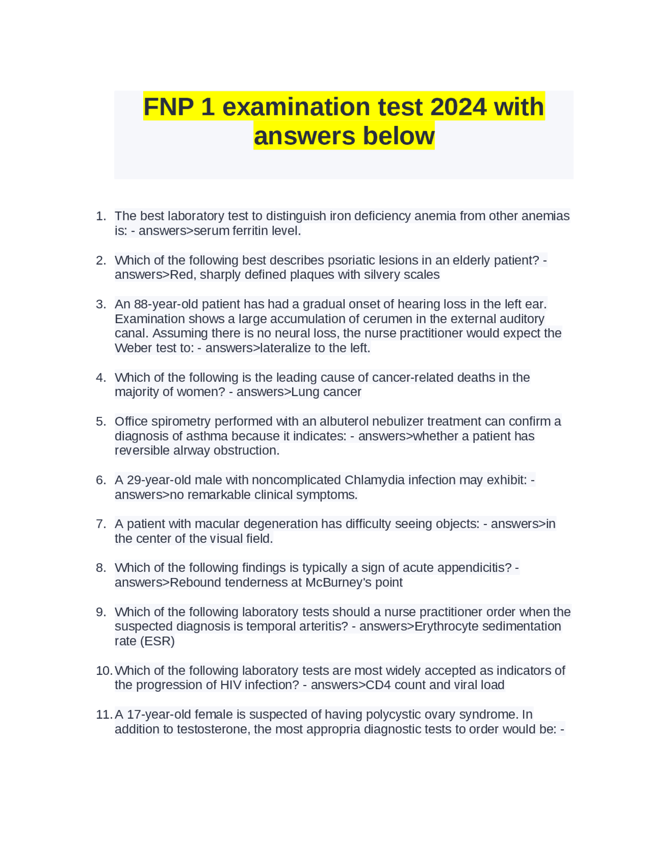 FNP 1 examination test 2024 with answers below | Exams Nursing | Docsity