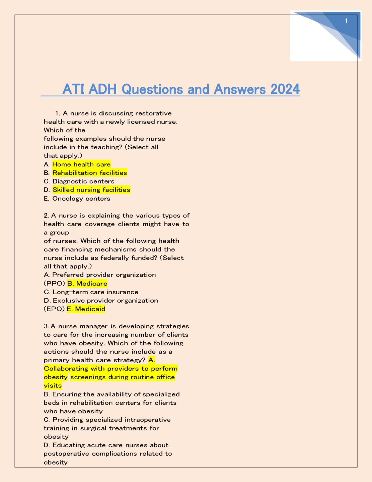 ATI ADH Questions and Answers 2024 | Exams Nursing | Docsity