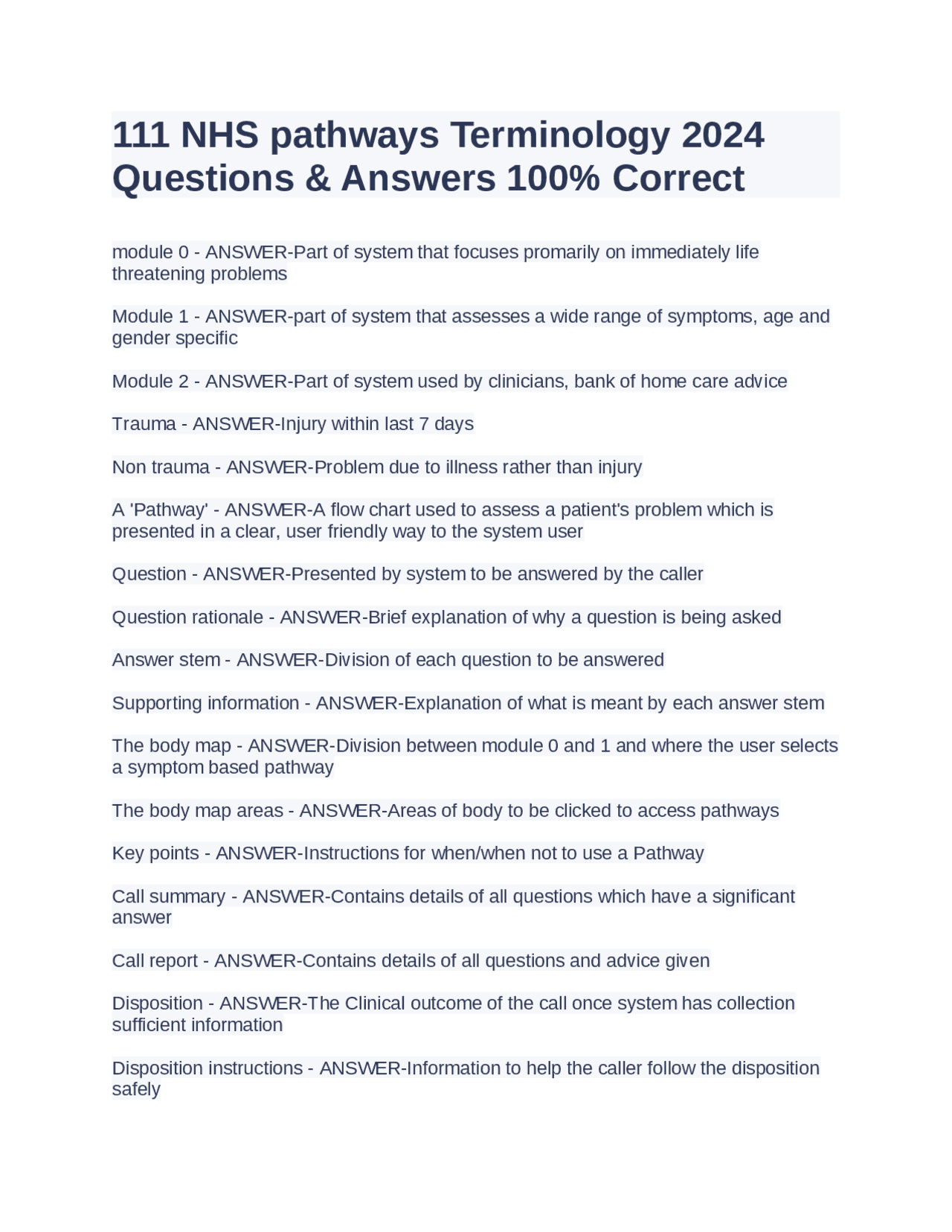 111 NHS pathways Terminology 2024 Questions & Answers 100% Correct ...