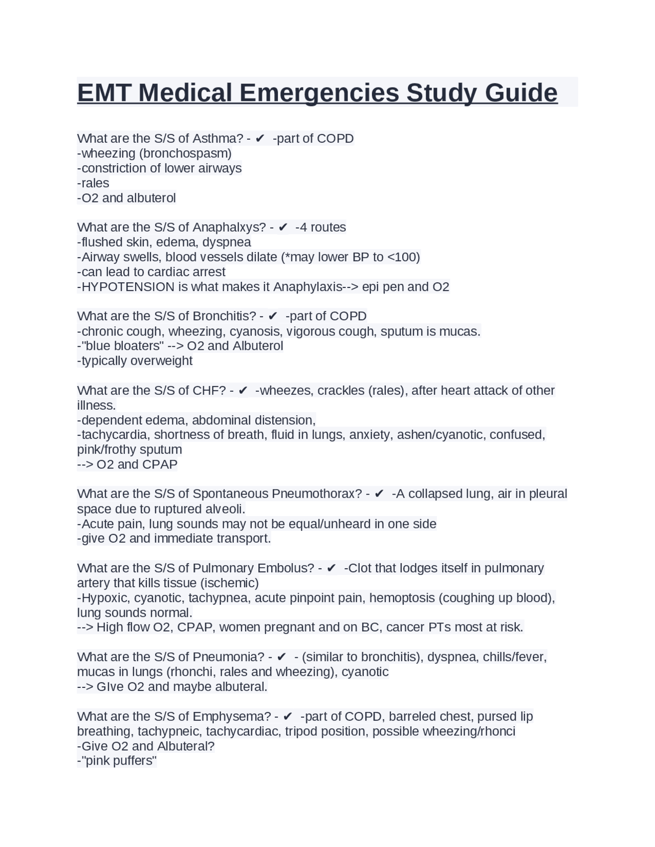 EMT Medical Emergencies Study Guide | Exams Nursing | Docsity