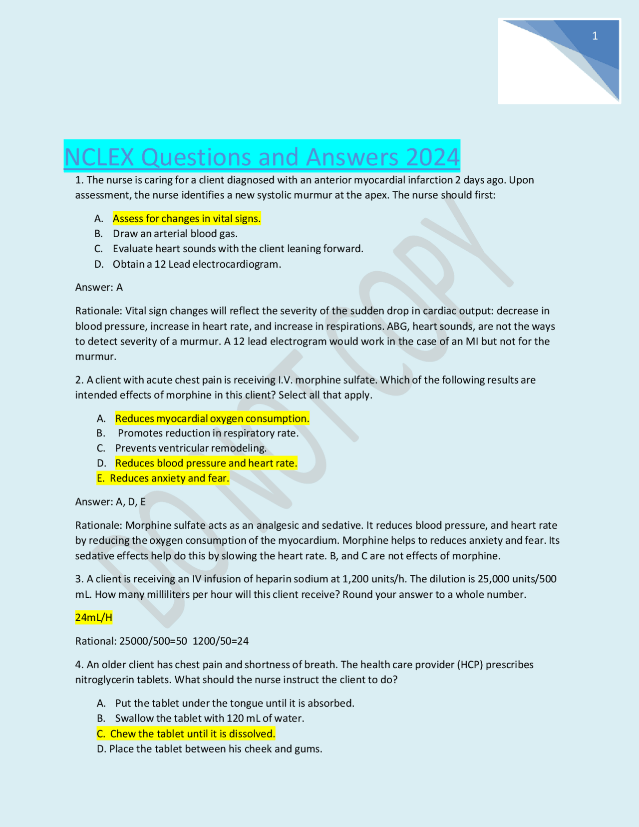 NCLEX Questions and Answers 2024 | Exams Nursing | Docsity